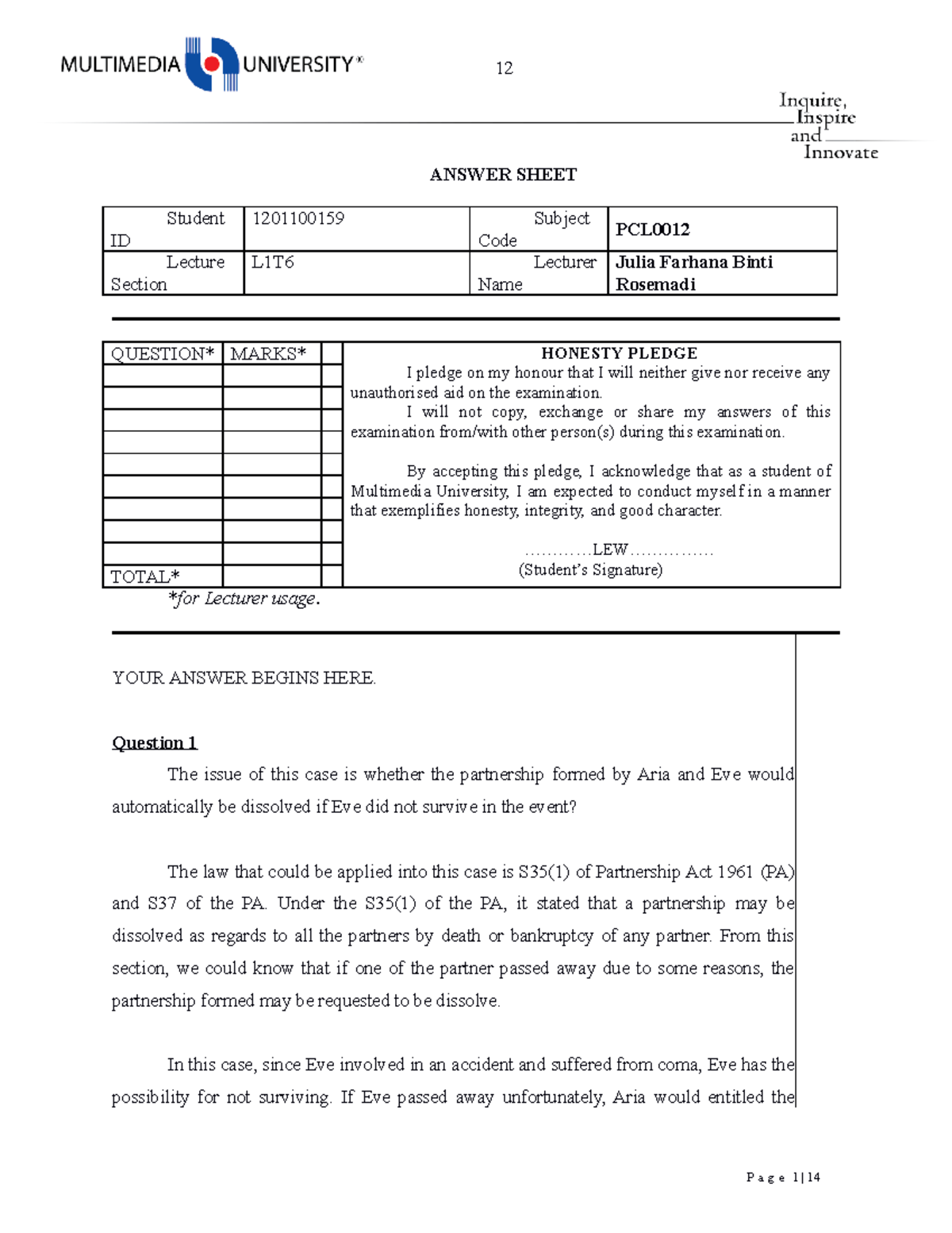 Copy of 12011 00159 PCL0012 T6 - ANSWER SHEET Student ID 1201100159 ...