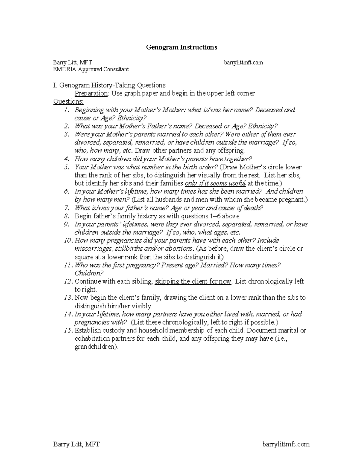 Genogram Worksheet - Barry Litt, MFT barrylittmft EMDRIA Approved ...