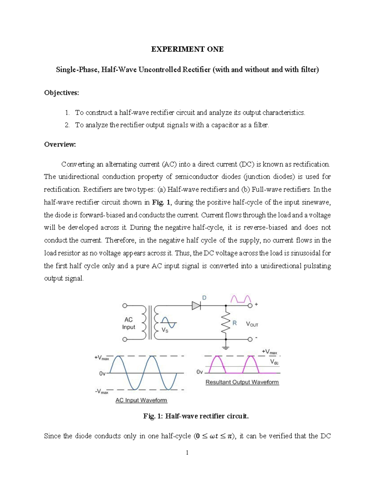 Experiment 1 - EXPERIMENT ONE Single-Phase, Half-Wave Uncontrolled ...