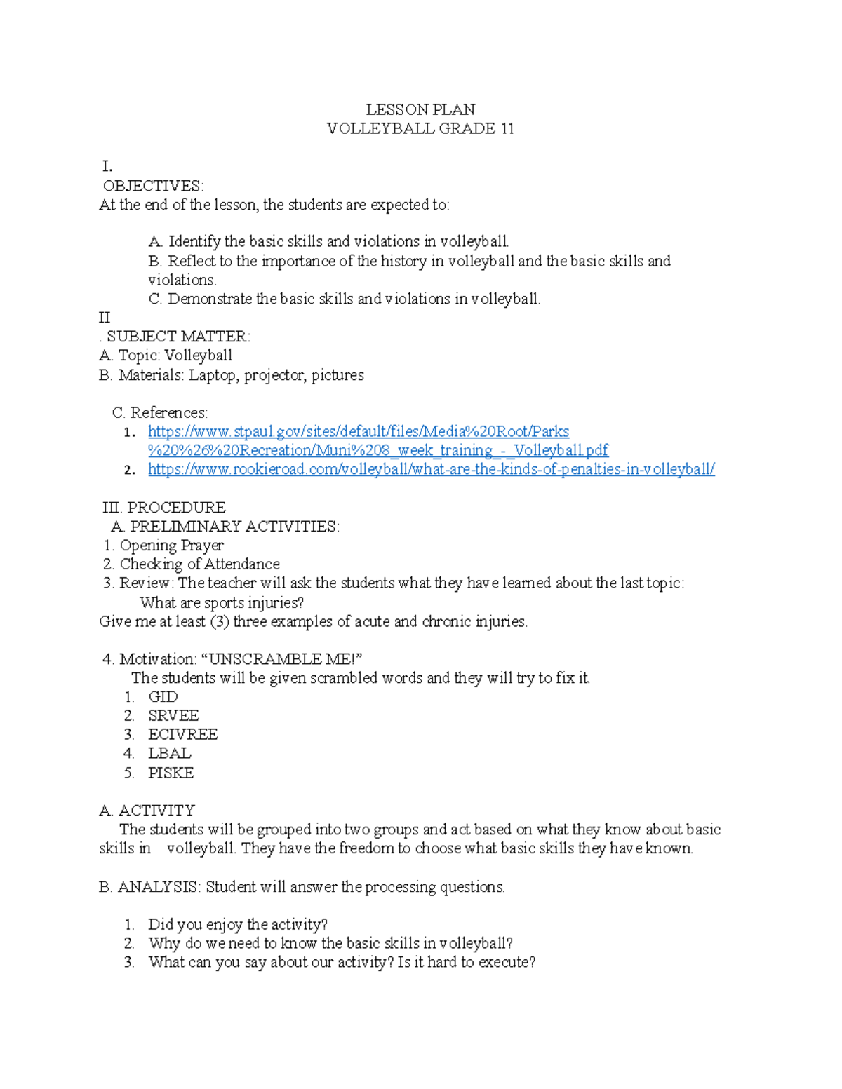 Lesson Plan Volleyball Objectives at Owen Griver blog