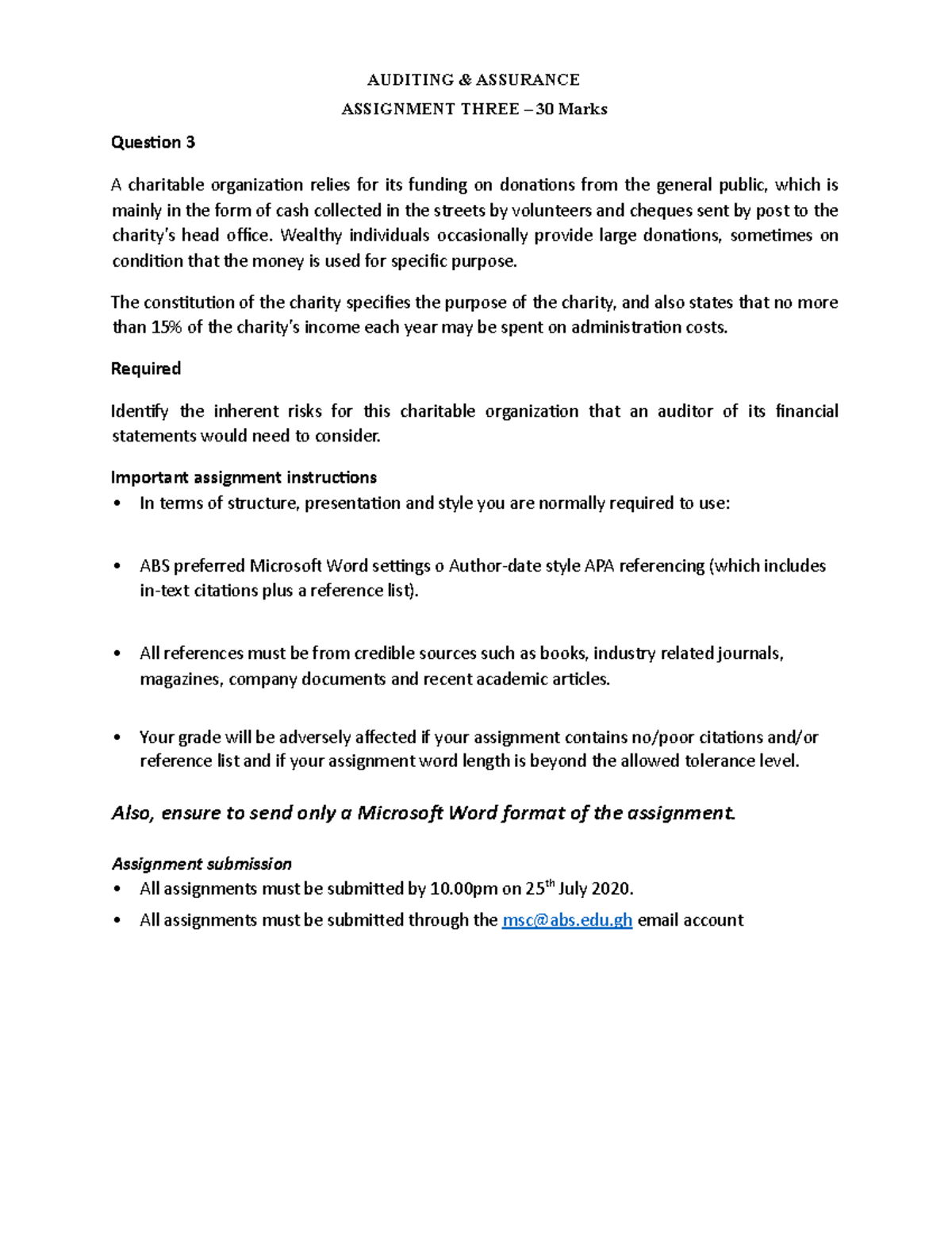 Audit Charity Assignment 3 - AUDITING & ASSURANCE ASSIGNMENT THREE – 30 ...