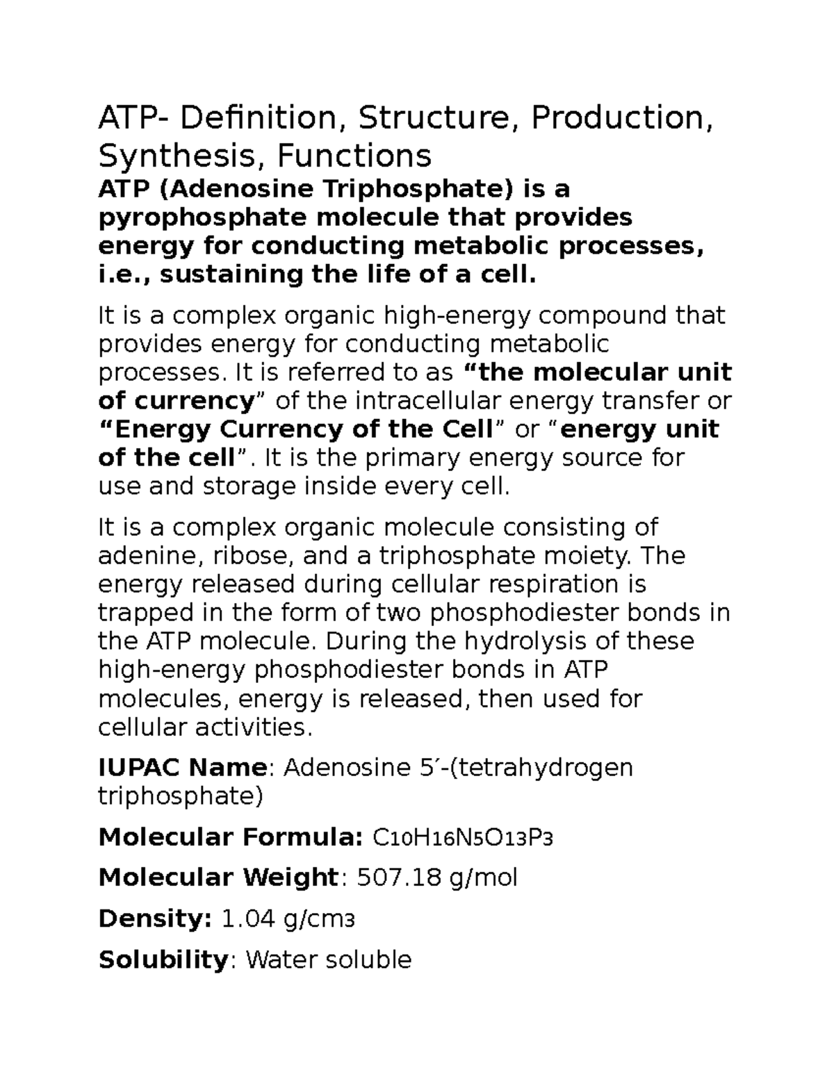 Bio 17 Notes Atp Definition Structure Production Synthesis