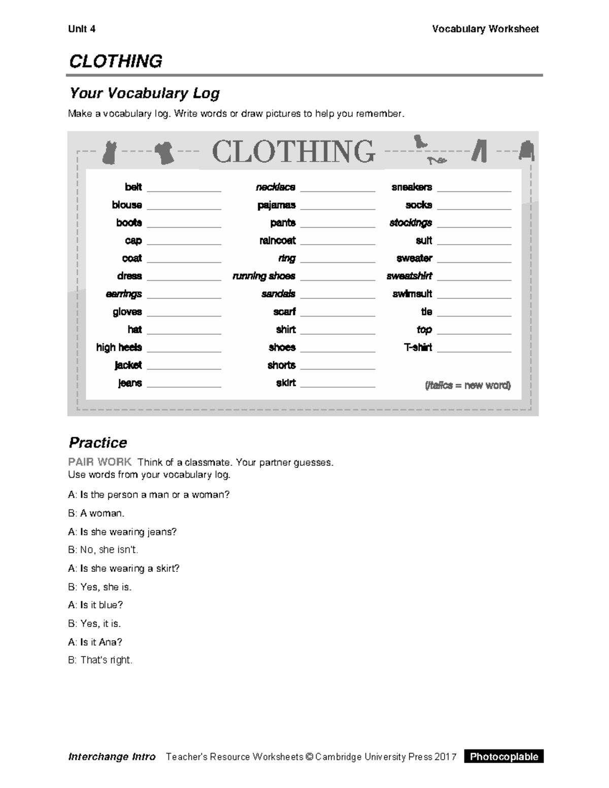 Interchange 5th Ed Intro Level Unit04 Vocabulary Worksheet (1)UNIT 5 - Unit 4 Vocabulary ...