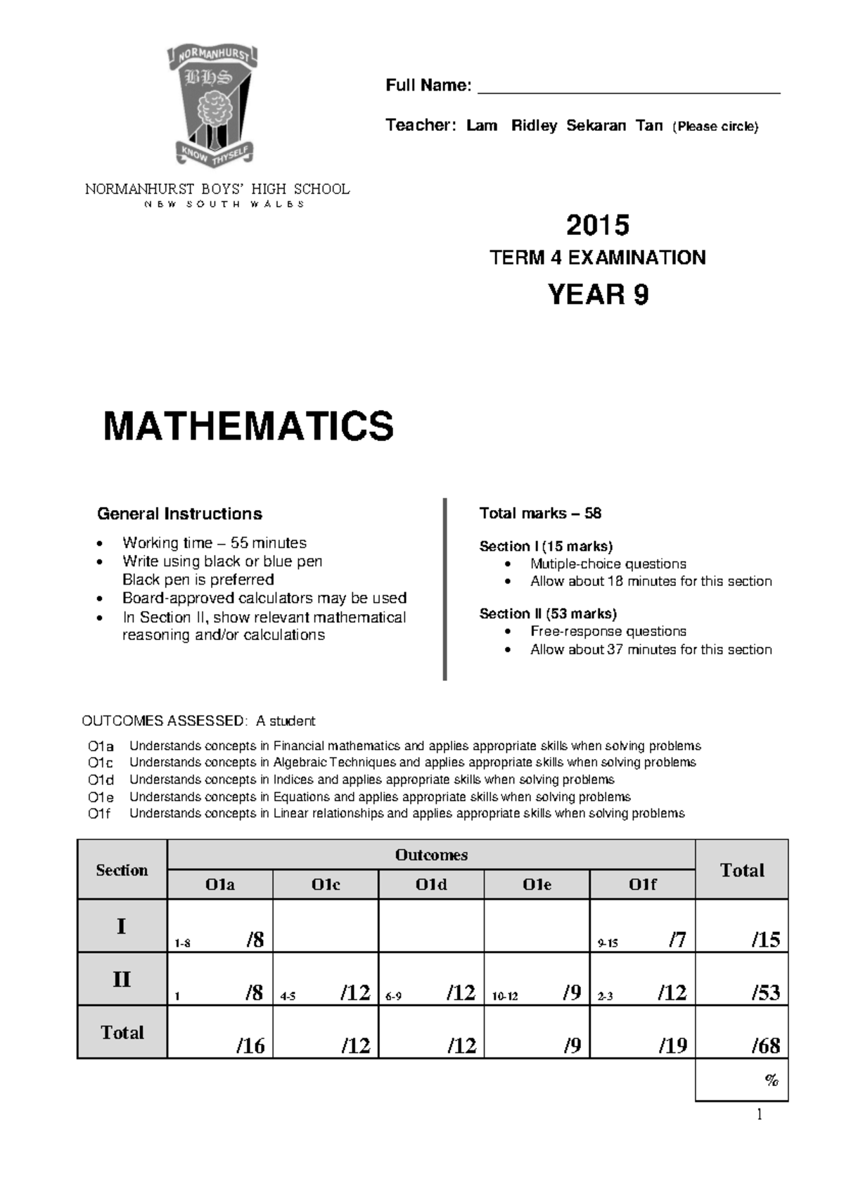 Normanhurst Boys 2015 Year 9 Maths Yearly & Solutions - MATHEMATICS ...