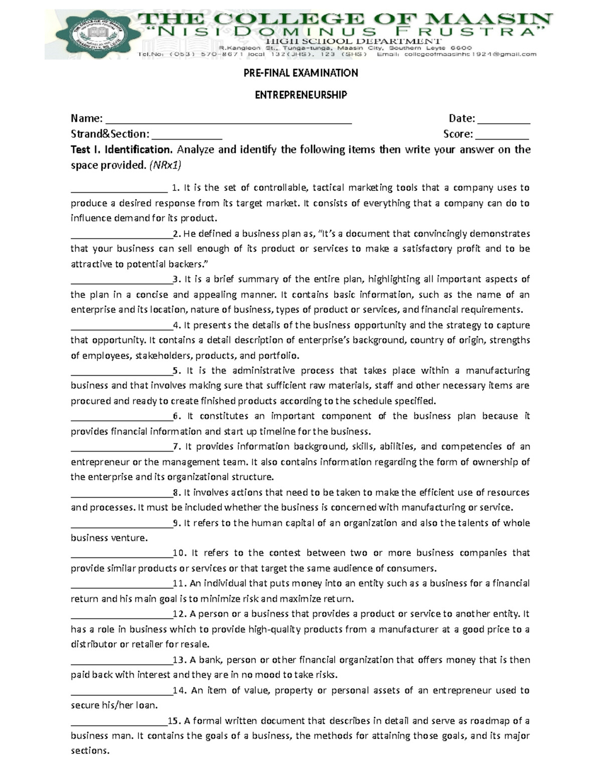 PRE Final EXAM Entrepreneurship - PRE-FINAL EXAMINATION ...