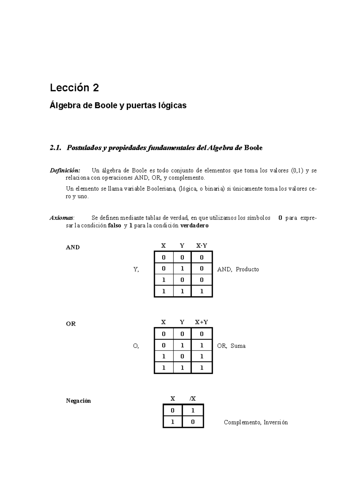 Apuntes - Generalidades - Lección 2 Álgebra de Boole y puertas lógicas ...
