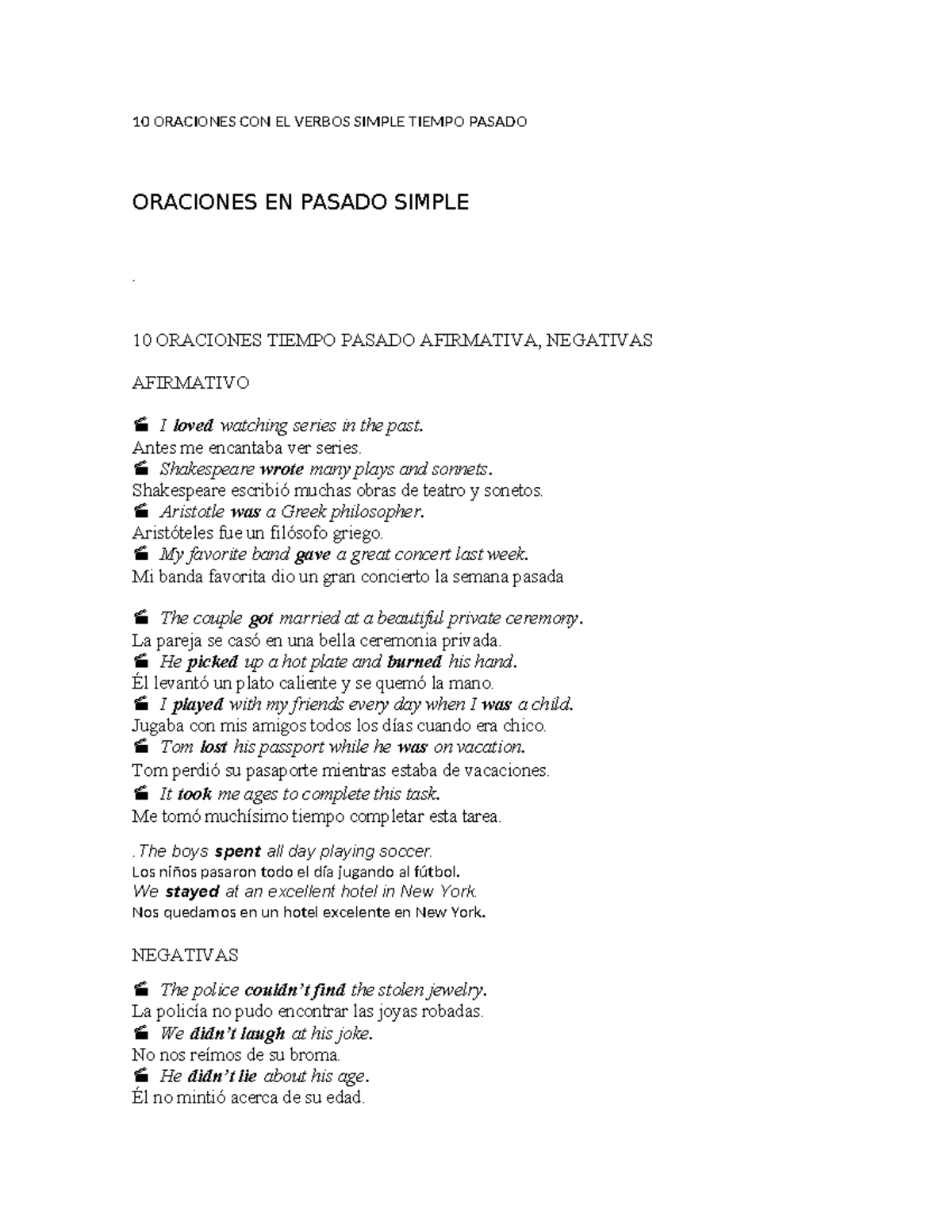 Oraciones Tiempo Pasado - 10 ORACIONES CON EL VERBOS SIMPLE TIEMPO ...