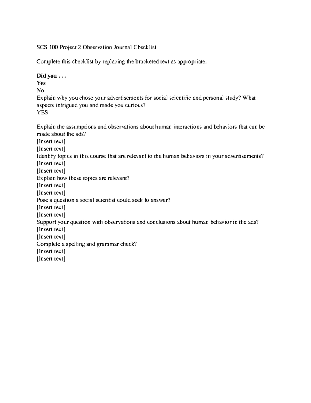 SCS 100 Project 2 Observation Journal Checklist - SCS 100 Project 2 ...