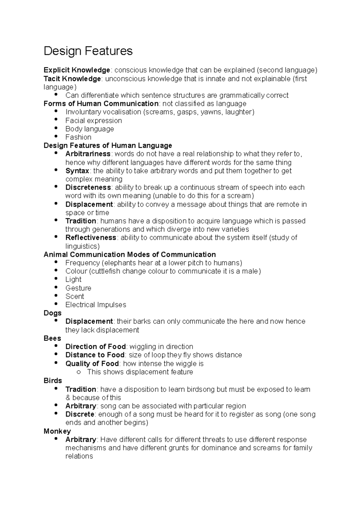 LING1000 Week 1 Design Features Lecture Notes - Design Features ...