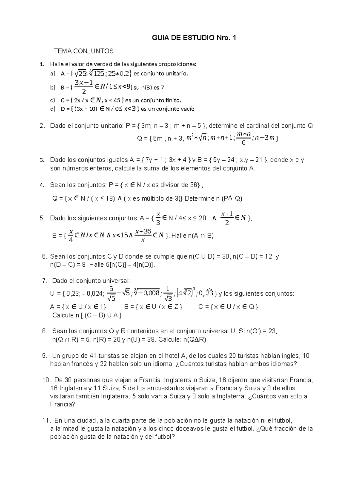 GUIA DE Estudio Semana 1 - Matematica USMP.- 2024 - GUIA DE ESTUDIO Nro ...