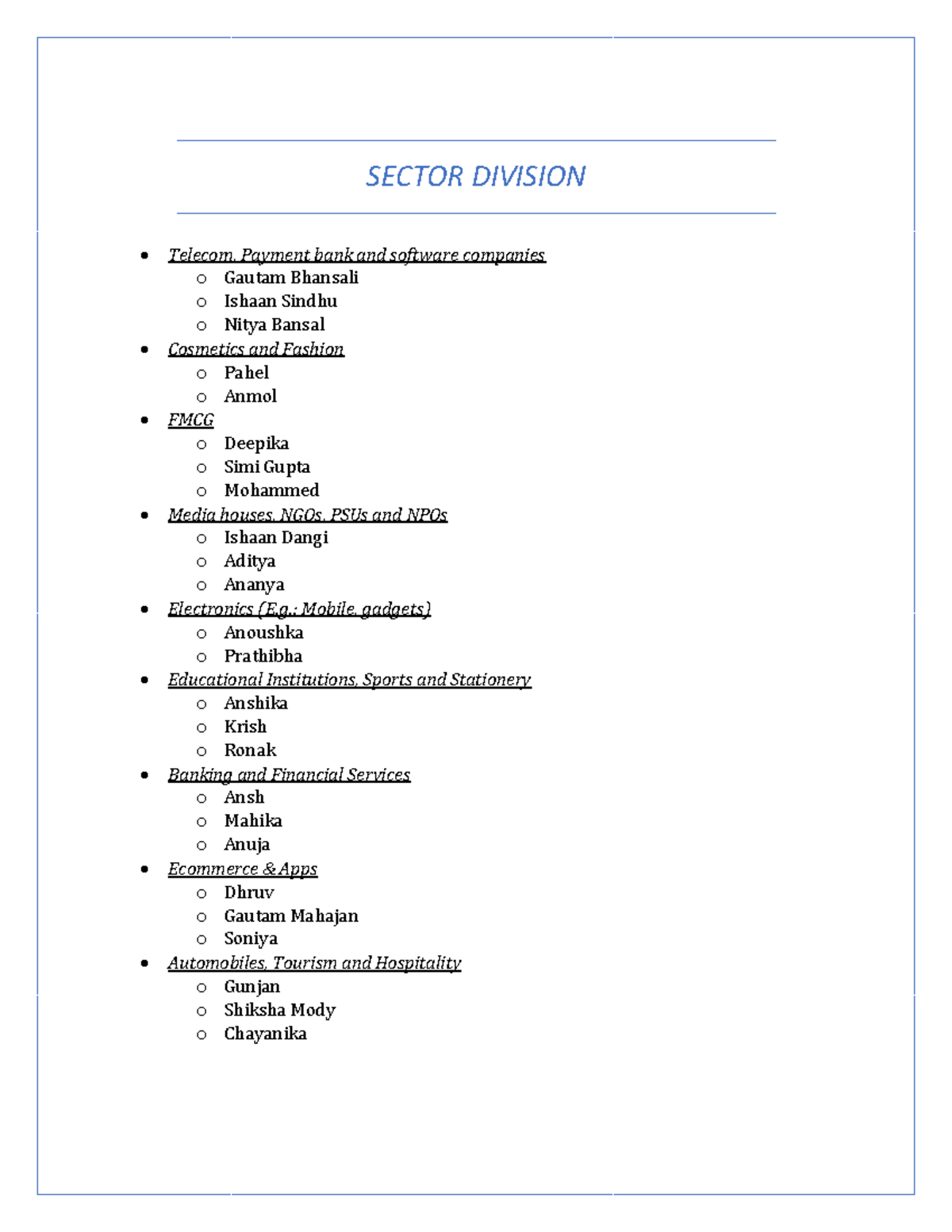 Final List - Sector Division - SECTOR DIVISION Telecom, Payment bank ...