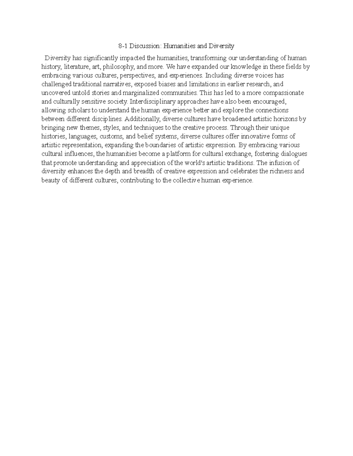 8-1 Discussion Humanities and Diversity - 8-1 Discussion: Humanities ...