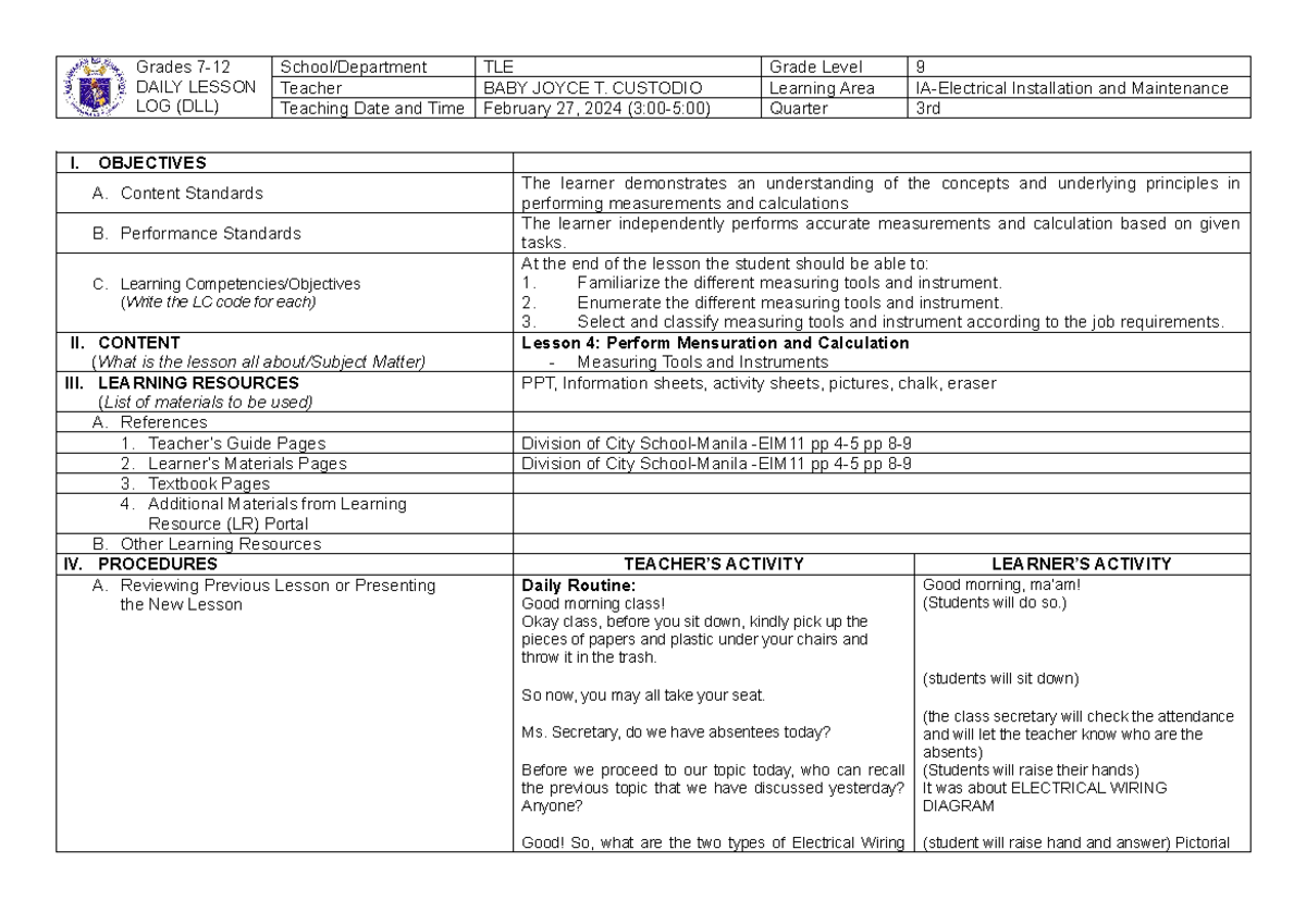 DLL-EIM- Pract- Teacher - Grades 7- DAILY LESSON LOG (DLL) School/Department TLE Grade Level 9 ...