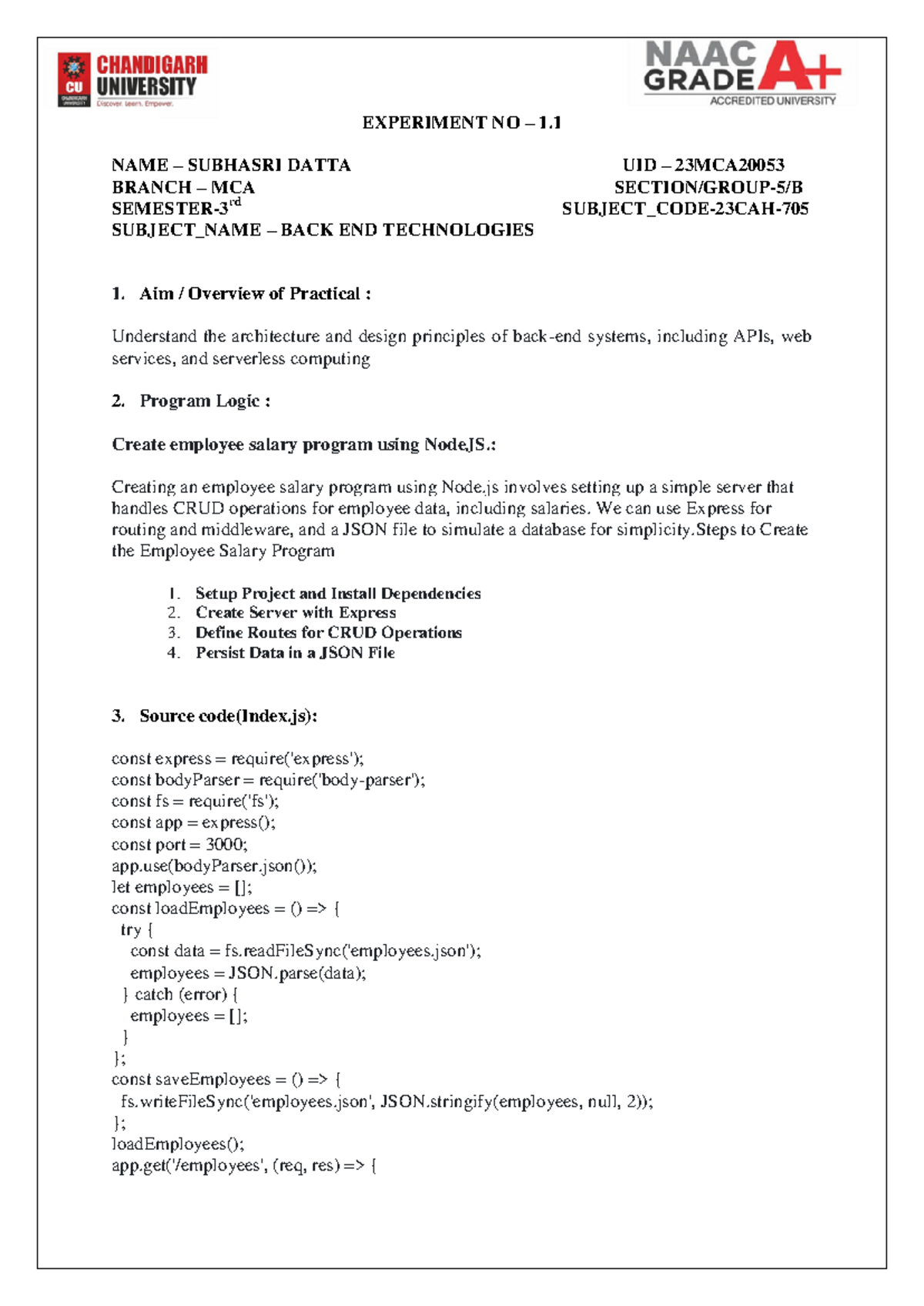 Exp1 - ok its too short - EXPERIMENT NO – 1. NAME – SUBHASRI DATTA UID – 23MCA BRANCH – MCA ...