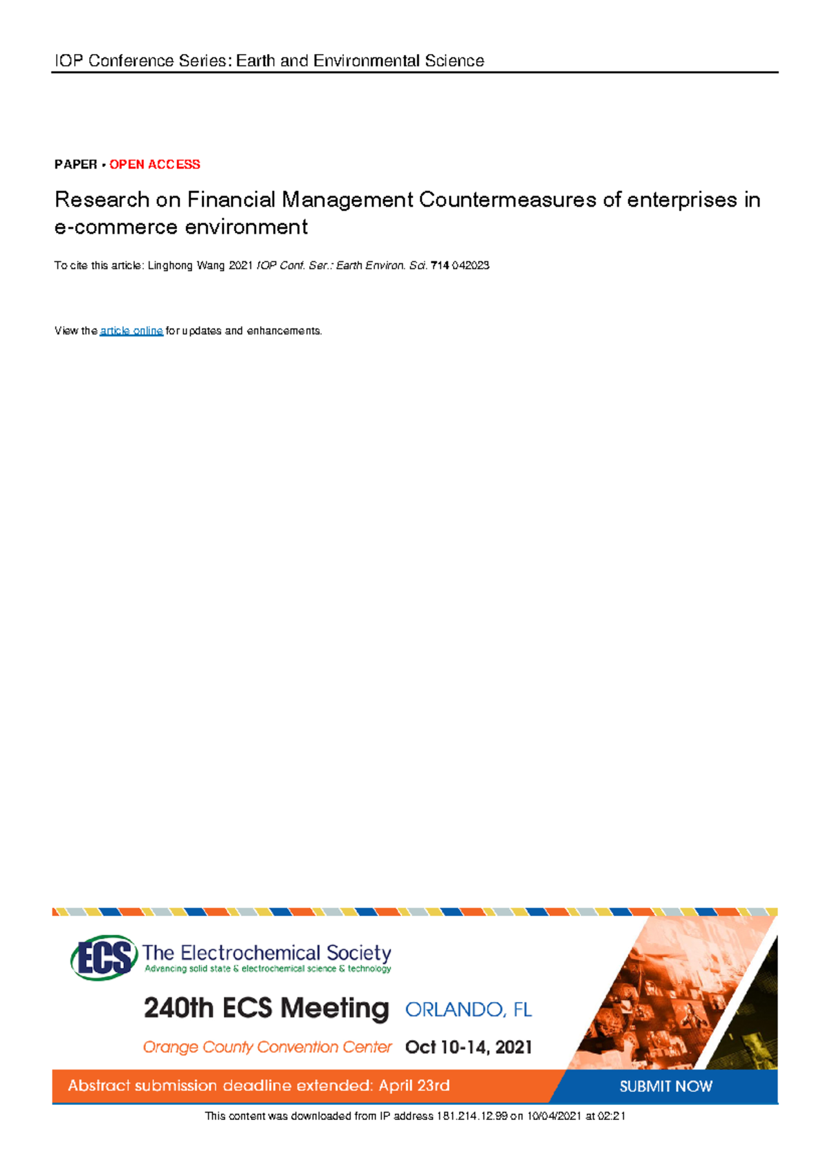 Research on Financial Management Countermeasures o - Ser.: Earth ...