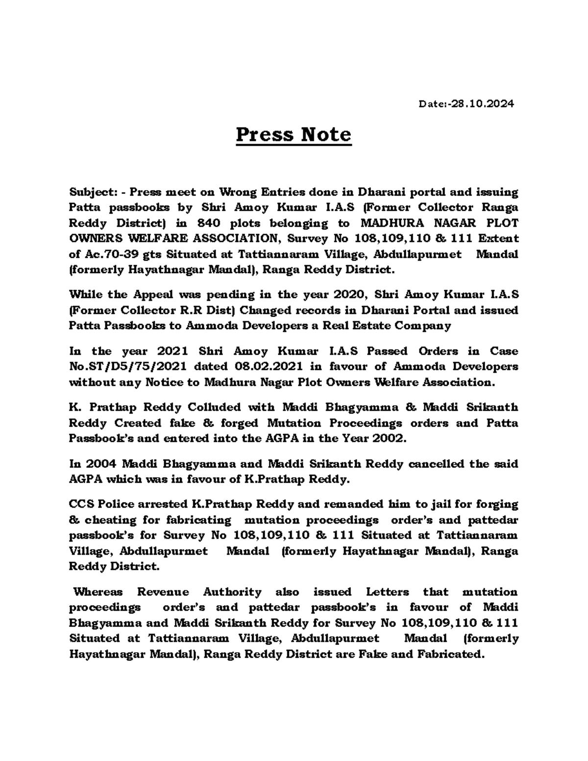 Final Press Note of Madhura Nagar Plot Owners Welfare Association ...