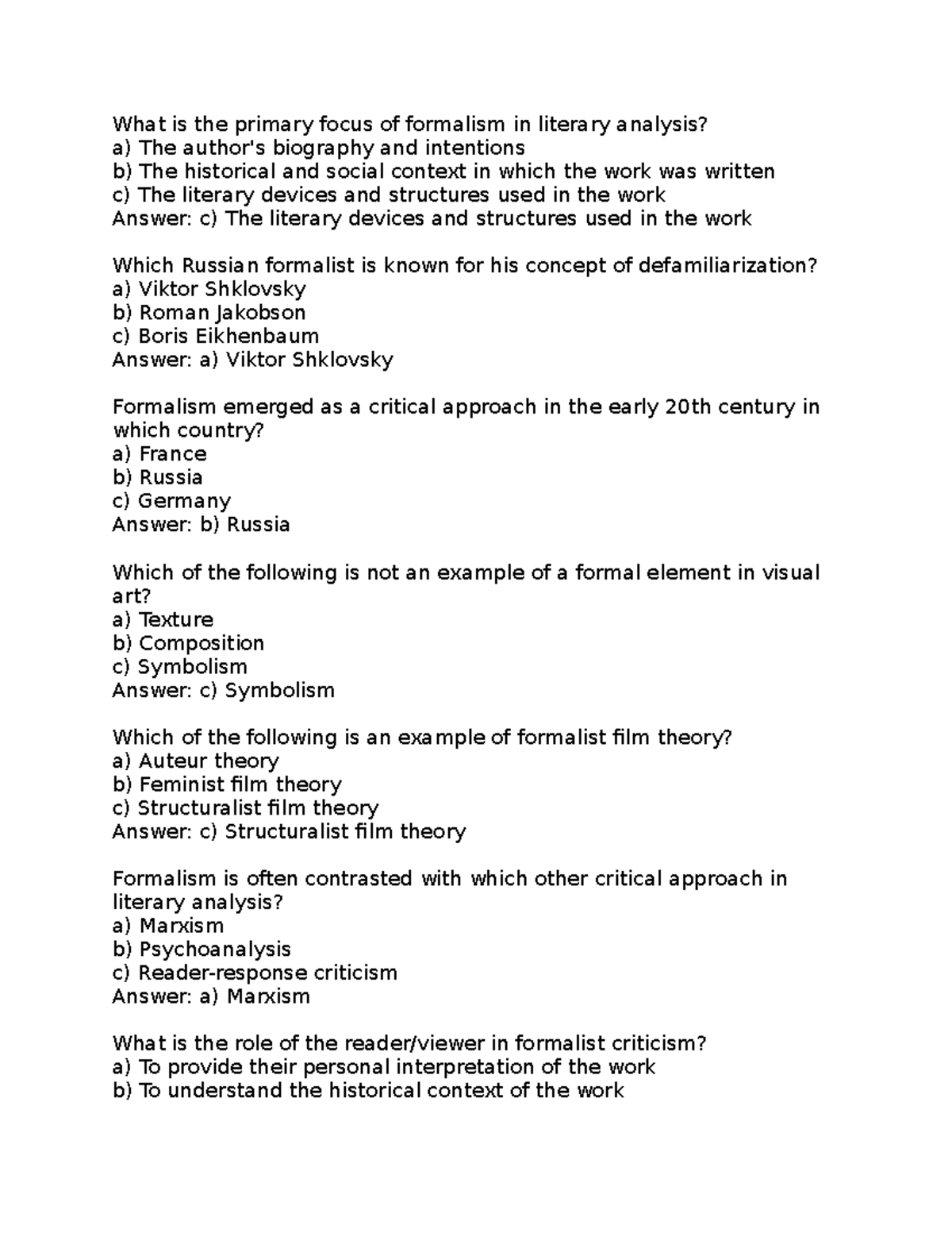 Formalism 3 - LITERARY CRITICISM - What is the primary focus of ...