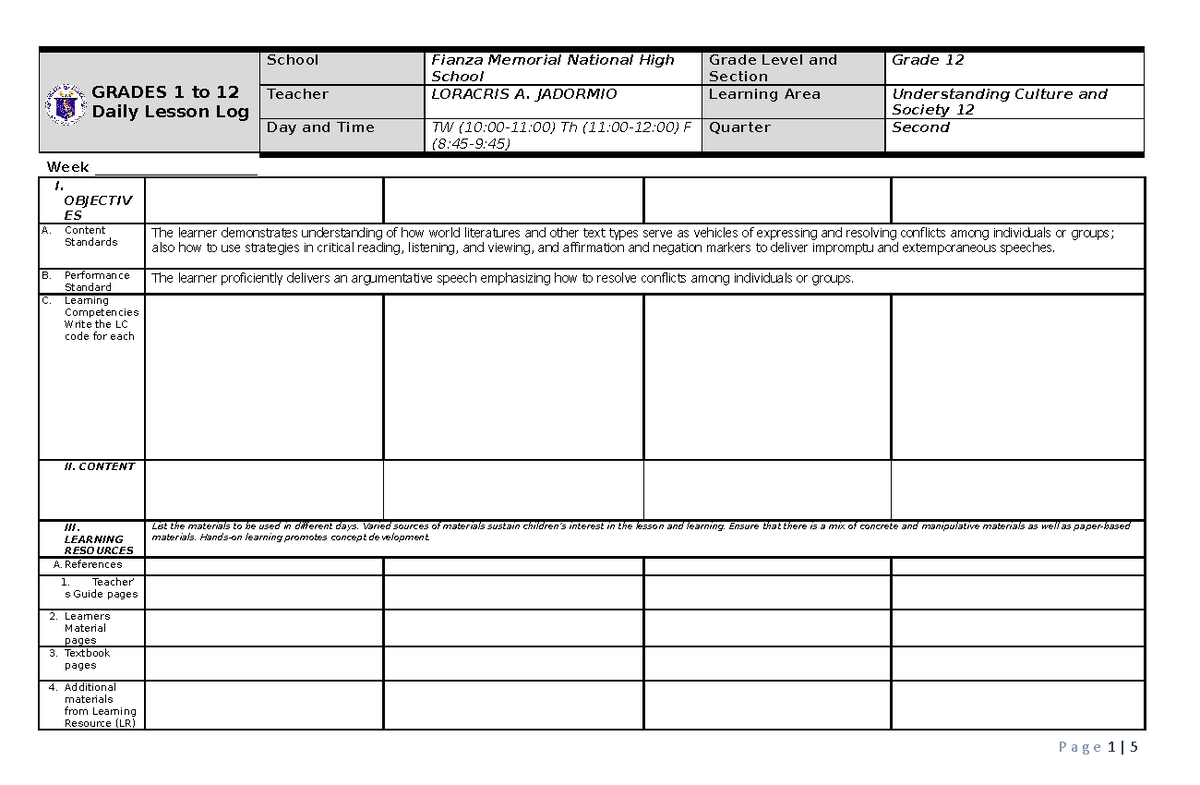 UCSP - GRADES 1 to 12 Daily Lesson Log School Fianza Memorial National ...