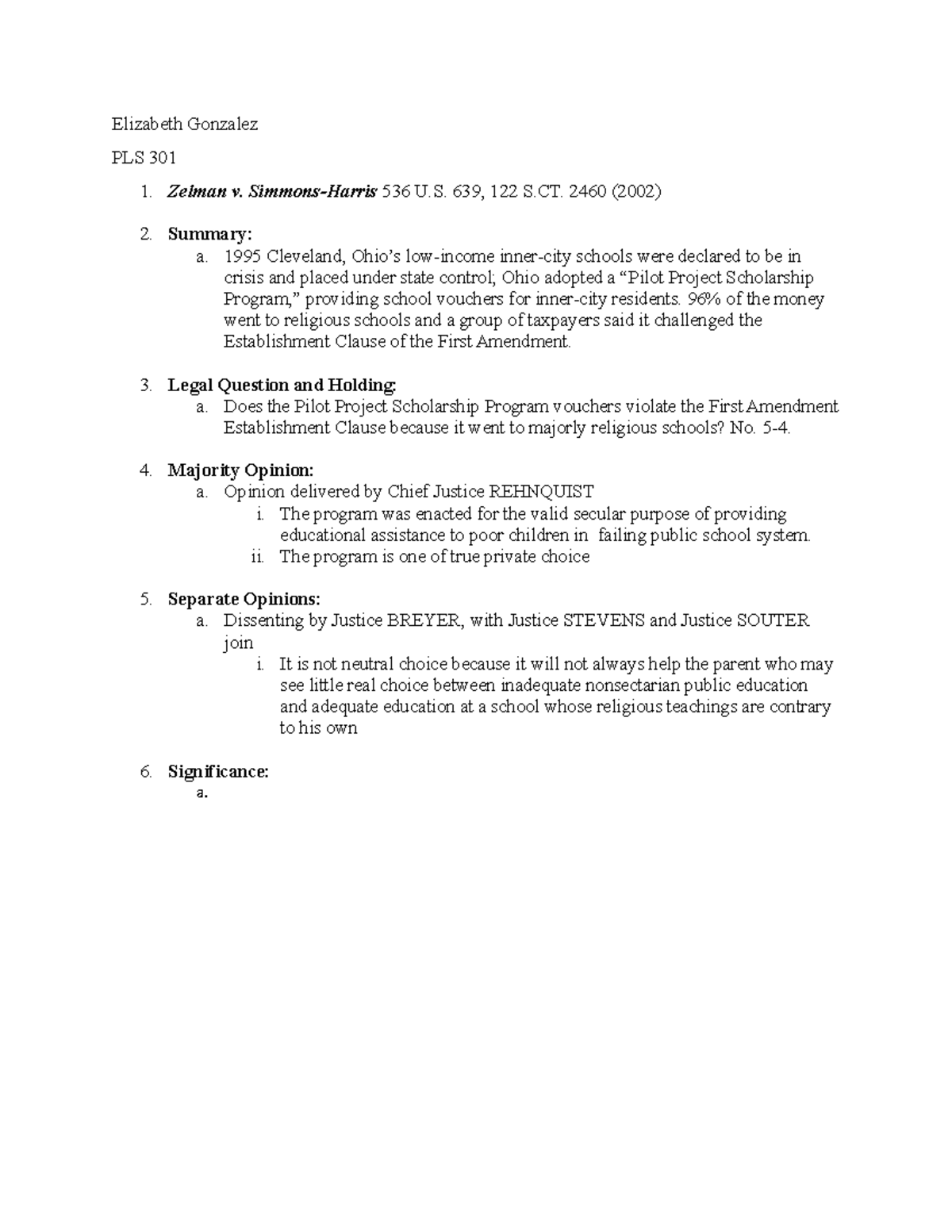 Zelman v. Simmons-Harris case brief - Elizabeth Gonzalez PLS 301 Zelman ...