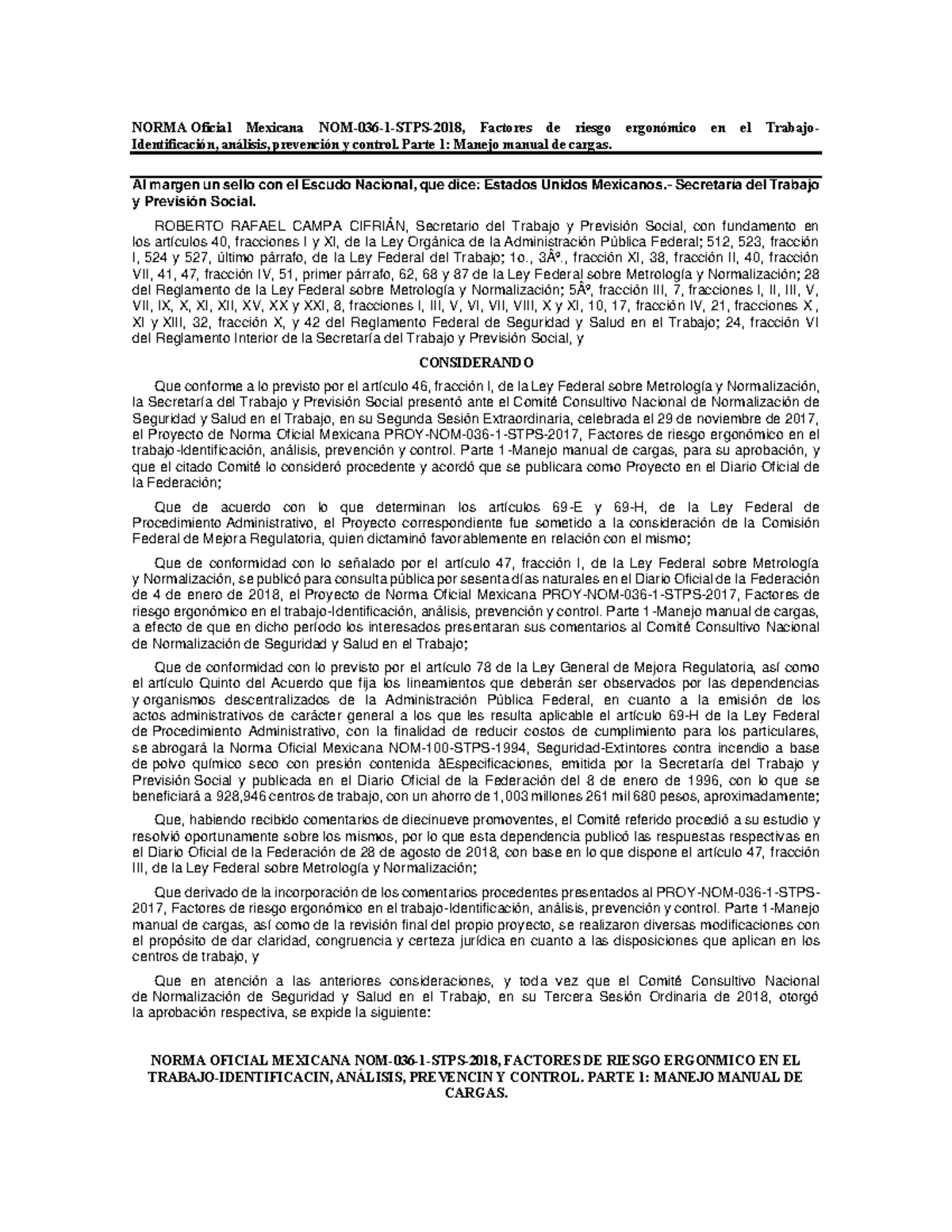 Norma 036-DOF - MASMAS - NORMA Oficial Mexicana NOM- 036 - 1 - STPS ...