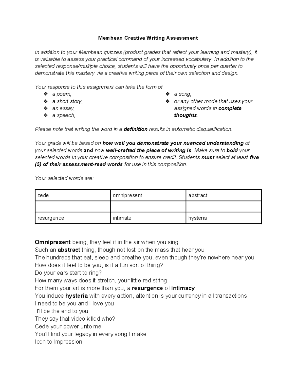 Copy of Membean Creative Writing Assessment 2 - Membean Creative ...