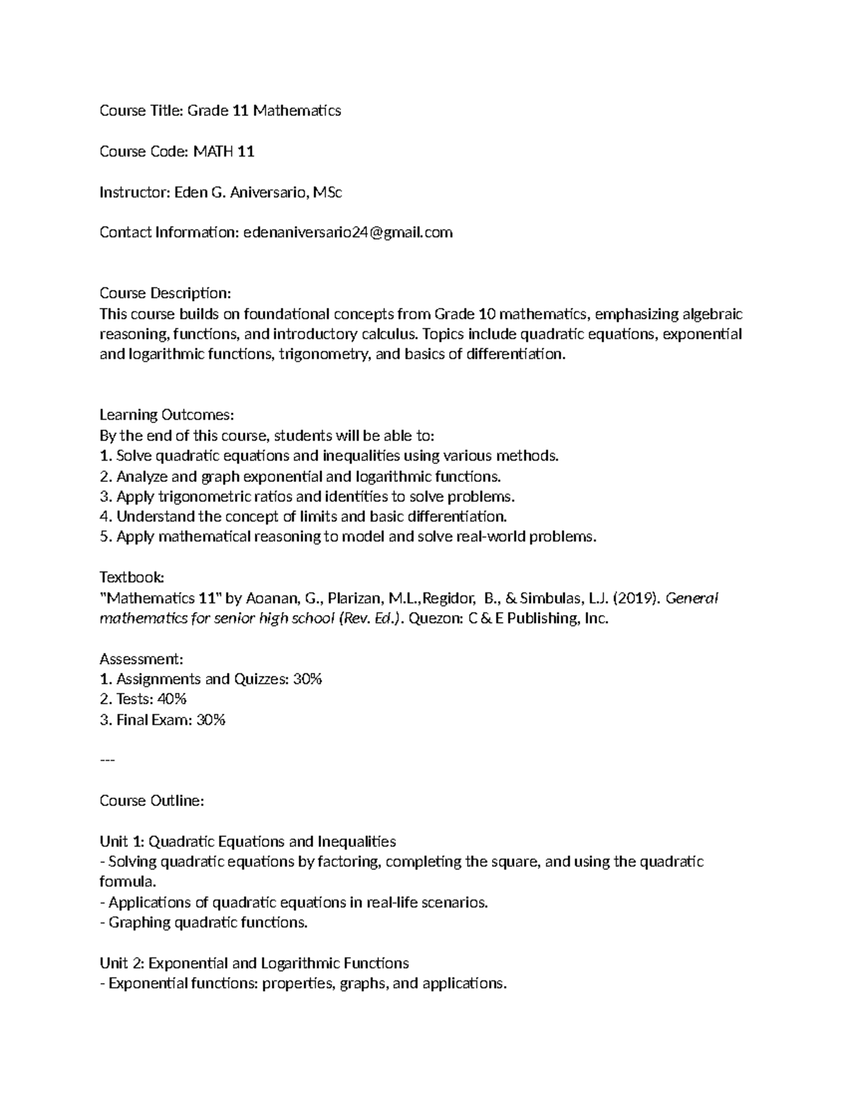 Syllabus Design - Course Title: Grade 11 Mathematics Course Code: MATH ...