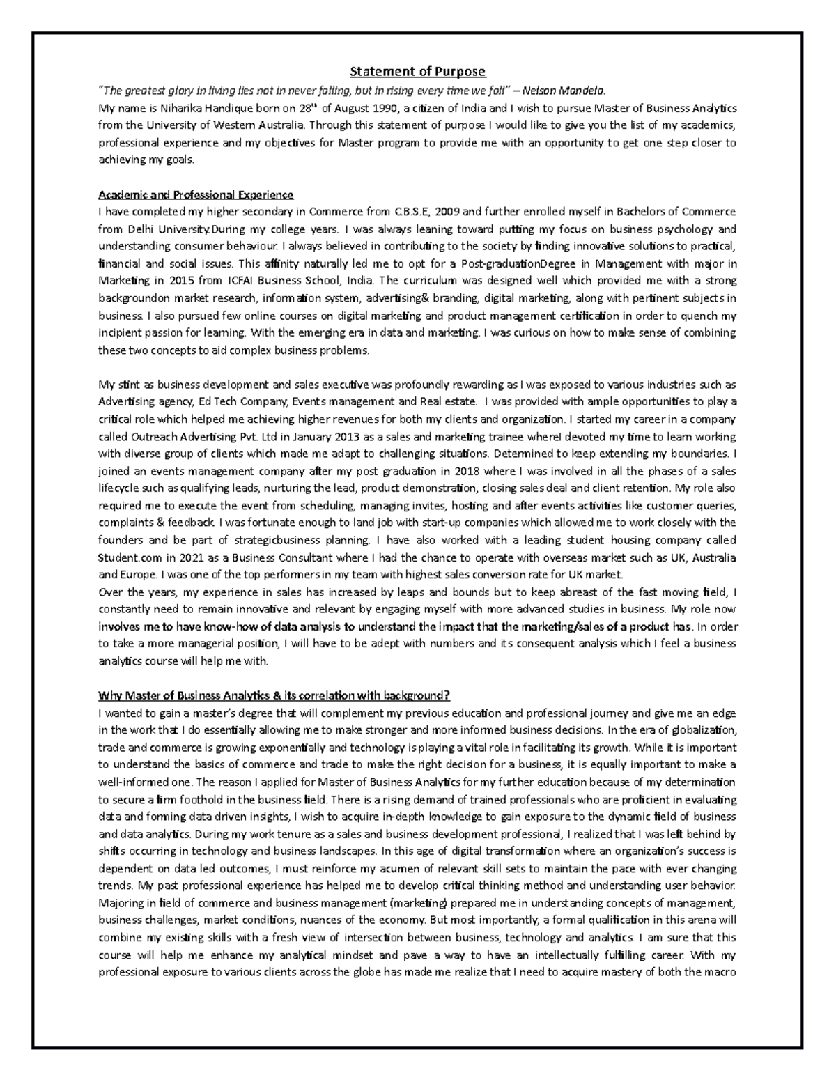 SOP - UWA Niharika Handique - Statement of Purpose “The greatest glory ...