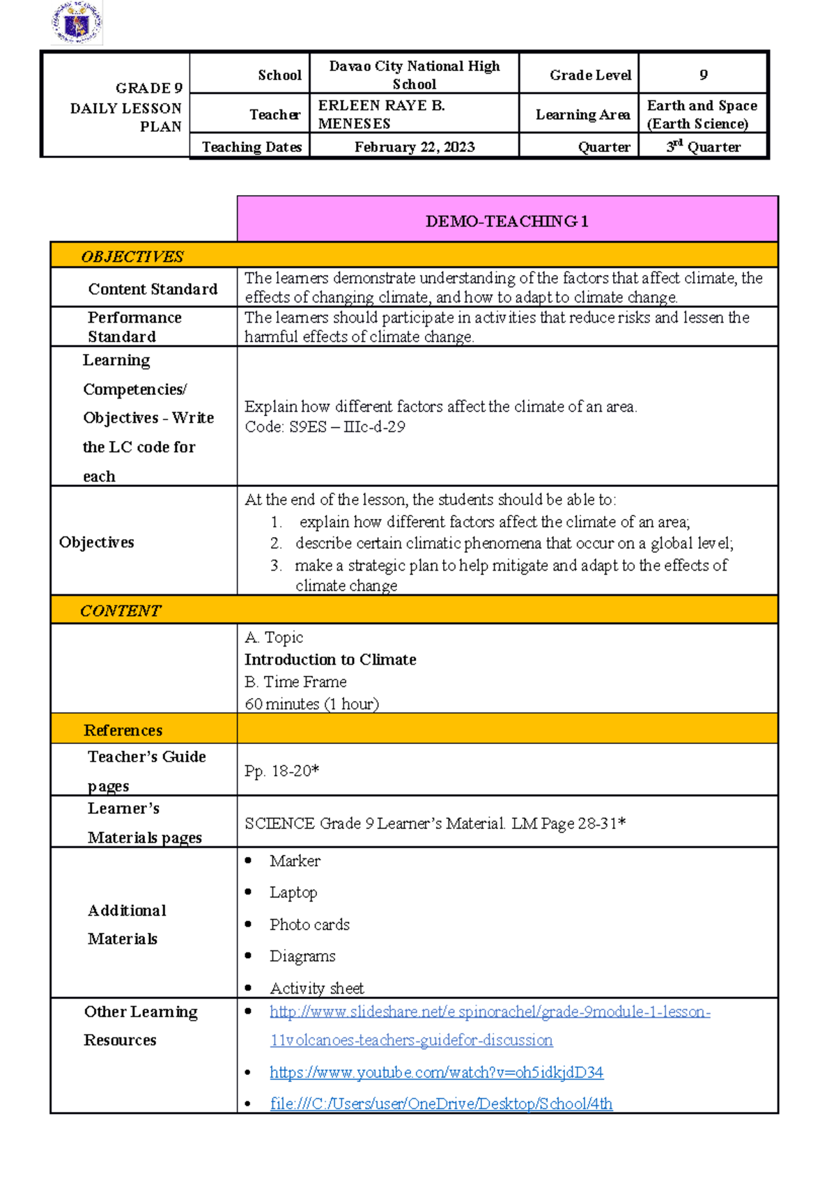 DEMO 2 for approval - For educational purposes only - GRADE 9 DAILY ...