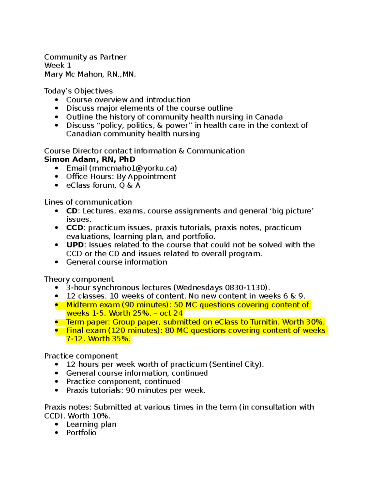 Class 1 - Community health nursing notes - Community as Partner Week 1 ...