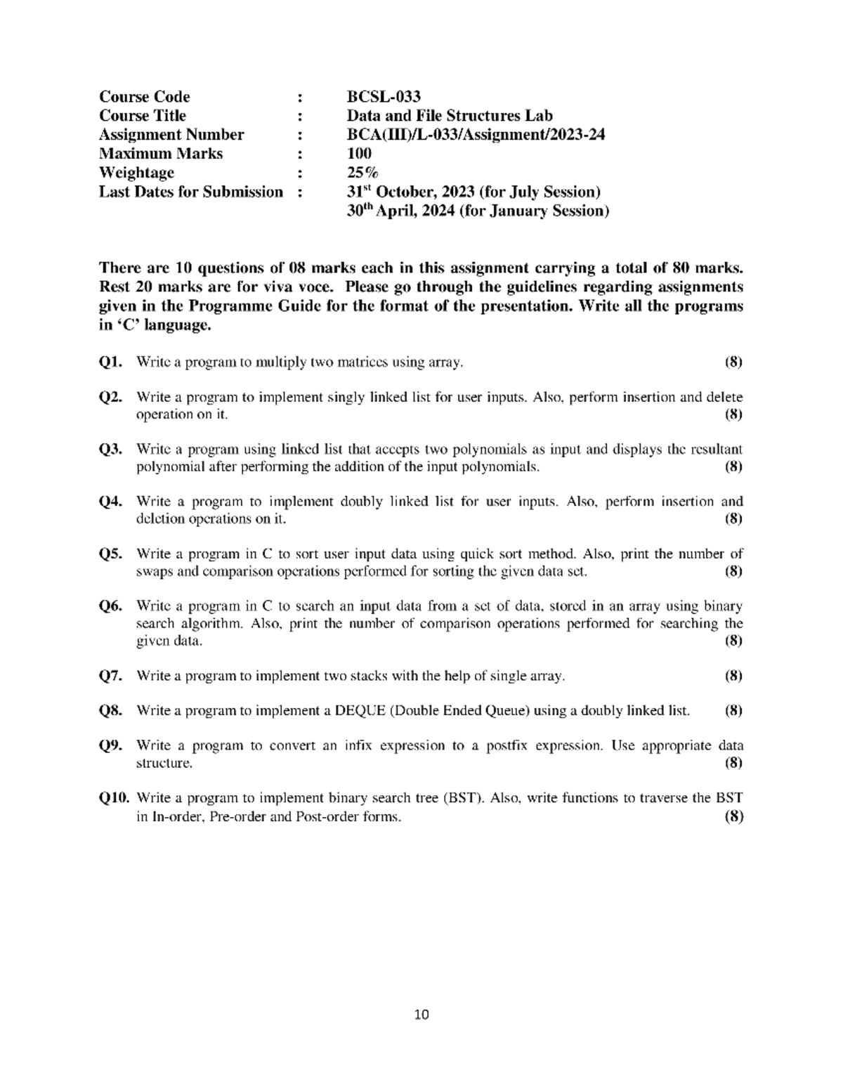 BCSL-033 - Data and File Structures Lab - Studocu