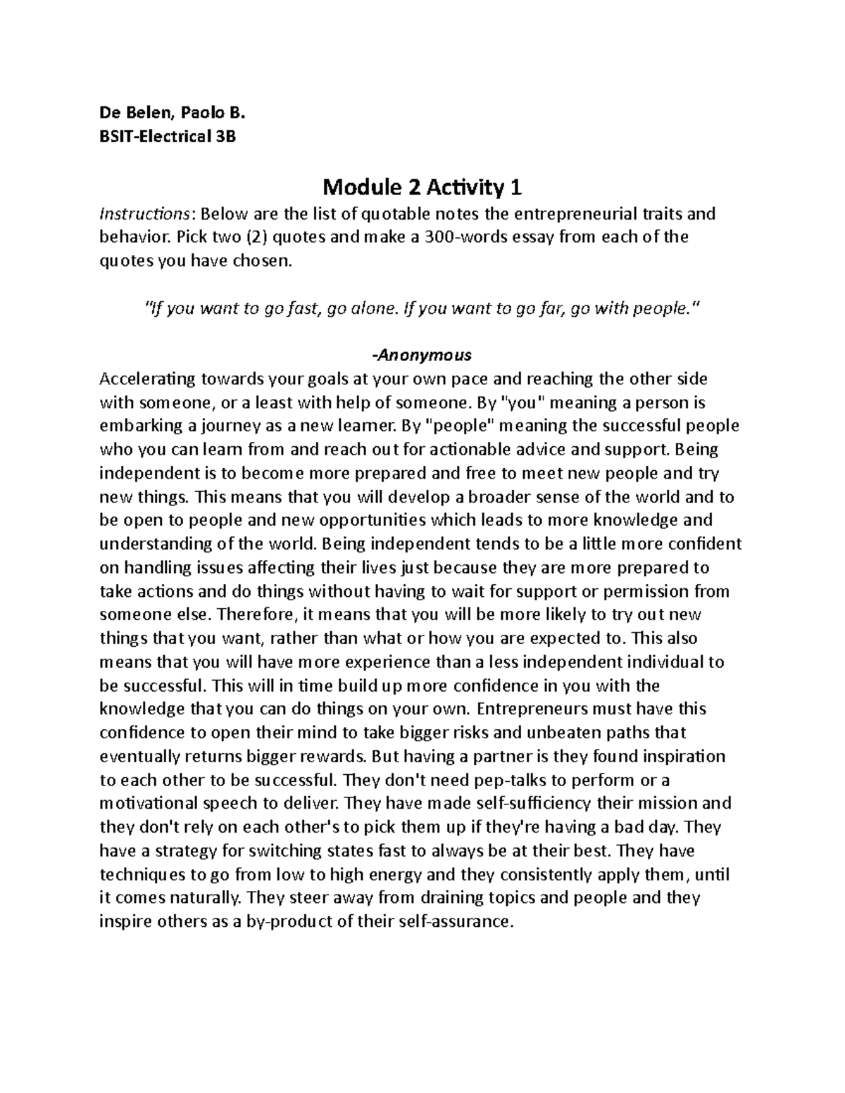 Module 2 Activity 1-Essay Entrep - De Belen, Paolo B. BSIT-Electrical ...
