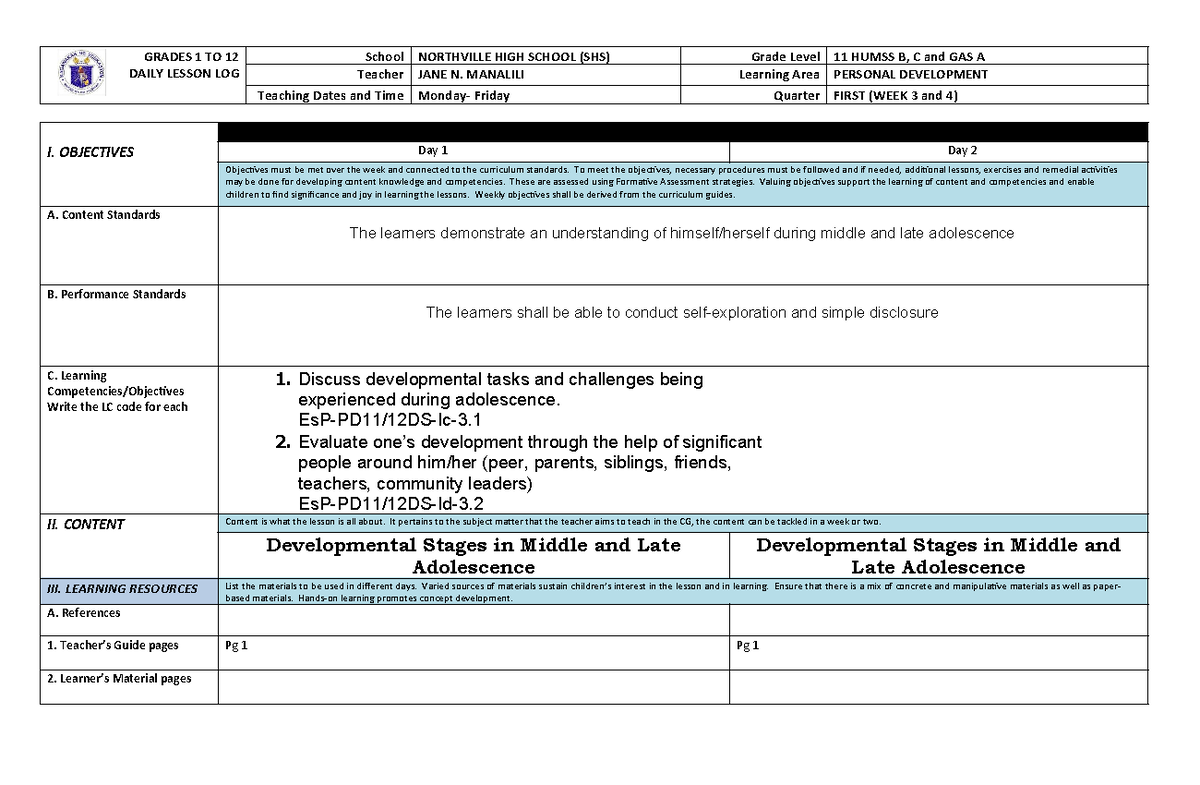Dll-personal-development-week-3 compress - GRADES 1 TO 12 DAILY LESSON ...