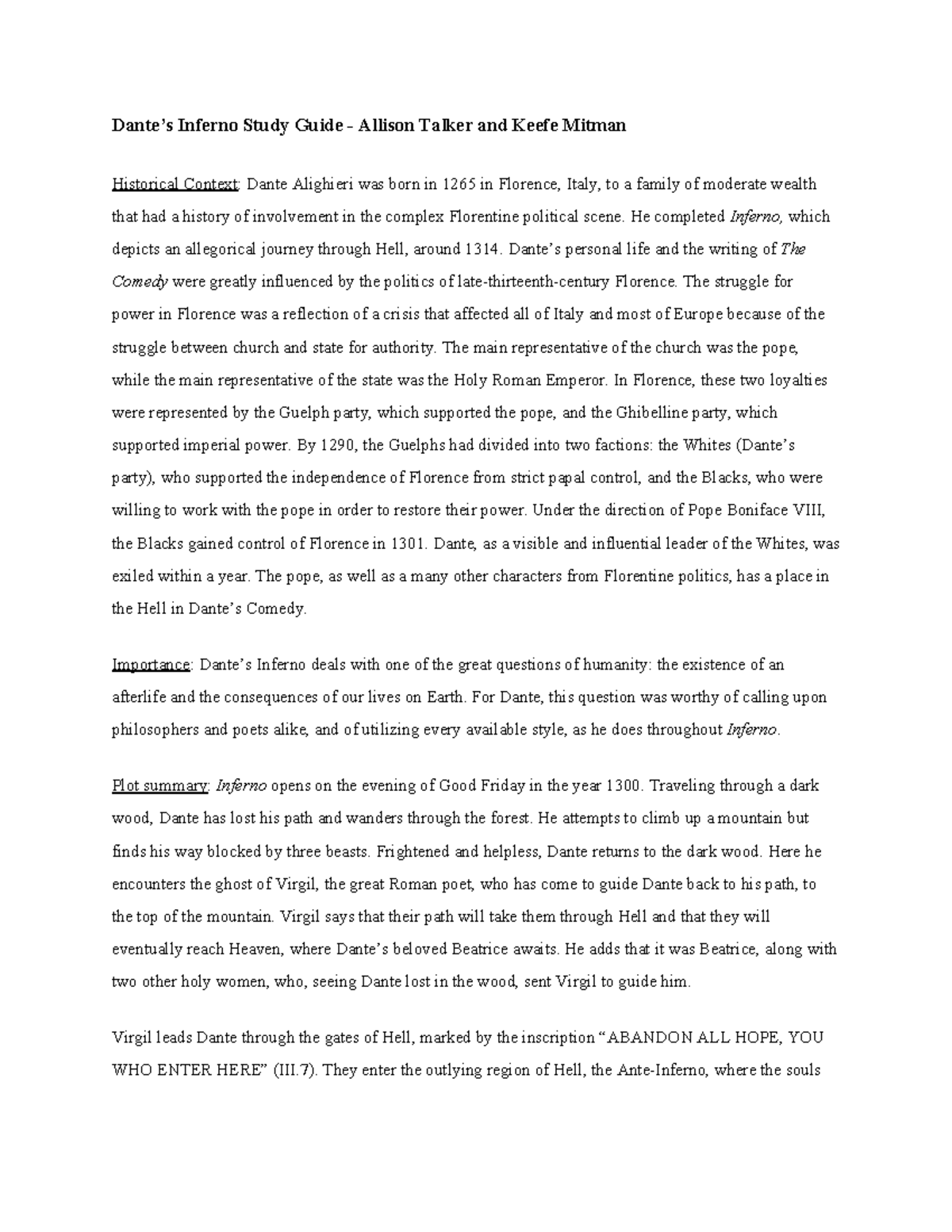 Dantes Study Guide - Summary Inferno - Inferno Study Guide Allison ...