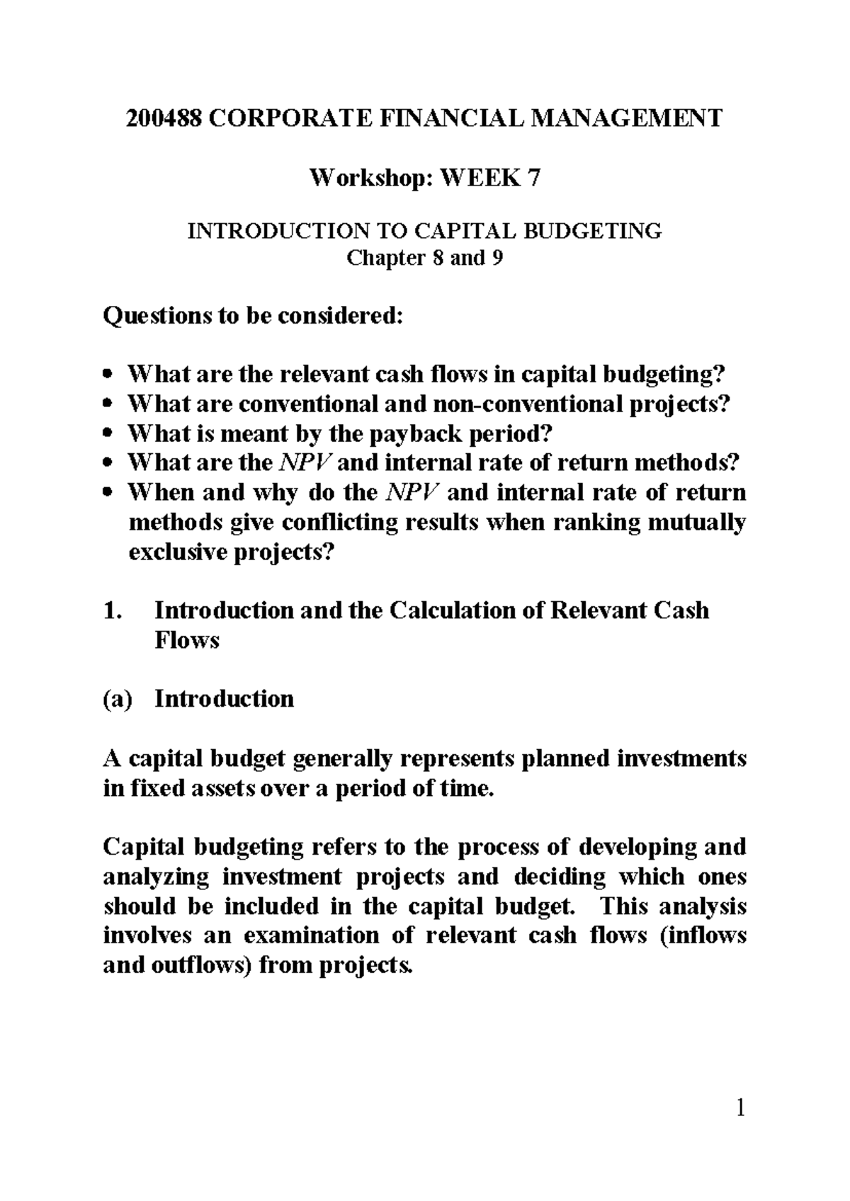 Workshop 7 Intro Capital Budgeting - 200488 CORPORATE FINANCIAL ...
