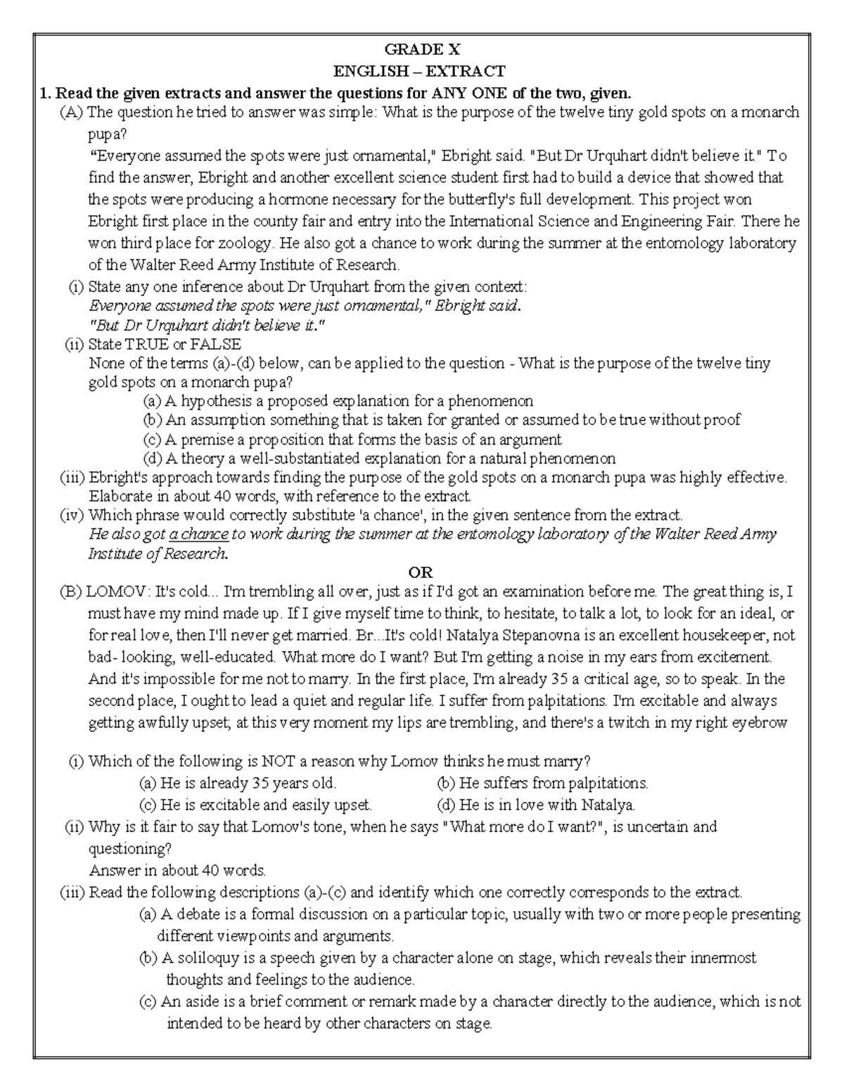 X Extarct - EXTRACT - GRADE X ENGLISH – EXTRACT Read the given extracts ...