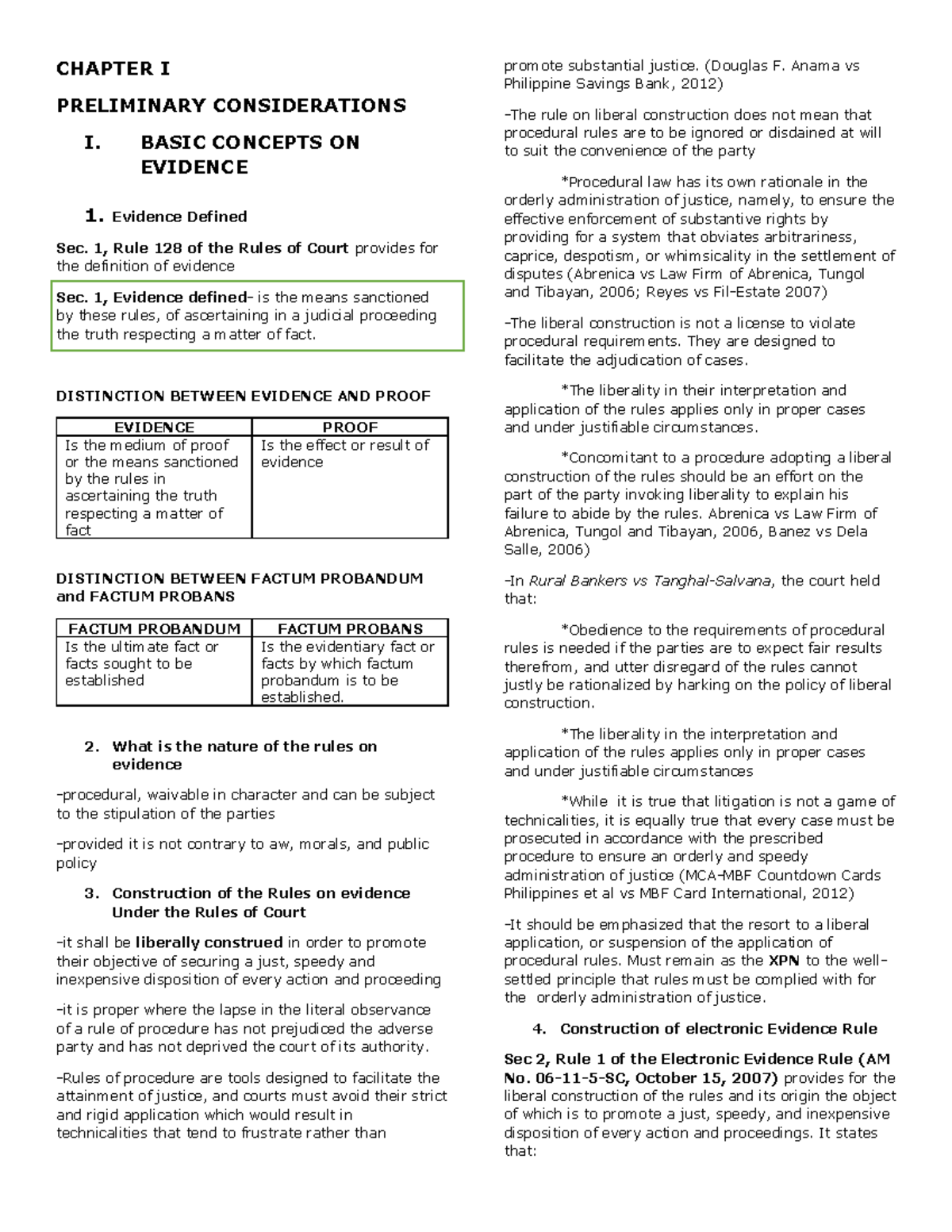 Pdfcoffee - aaa - CHAPTER I PRELIMINARY CONSIDERATIONS I. BASIC CONCEPTS ON EVIDENCE 1. Evidence ...