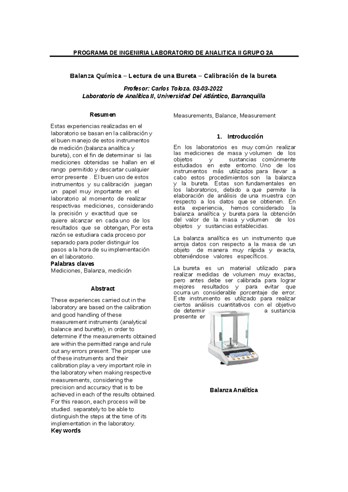 Informe laboratorio analitica 2 - PROGRAMA DE INGENIRIA LABORATORIO DE ...