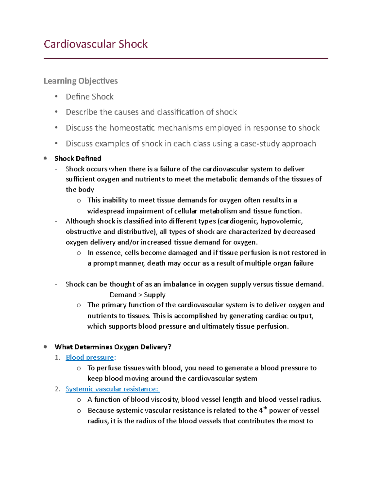 6. CV Shock (online) - Cardiovascular Shock Learning Objecives • Deine ...