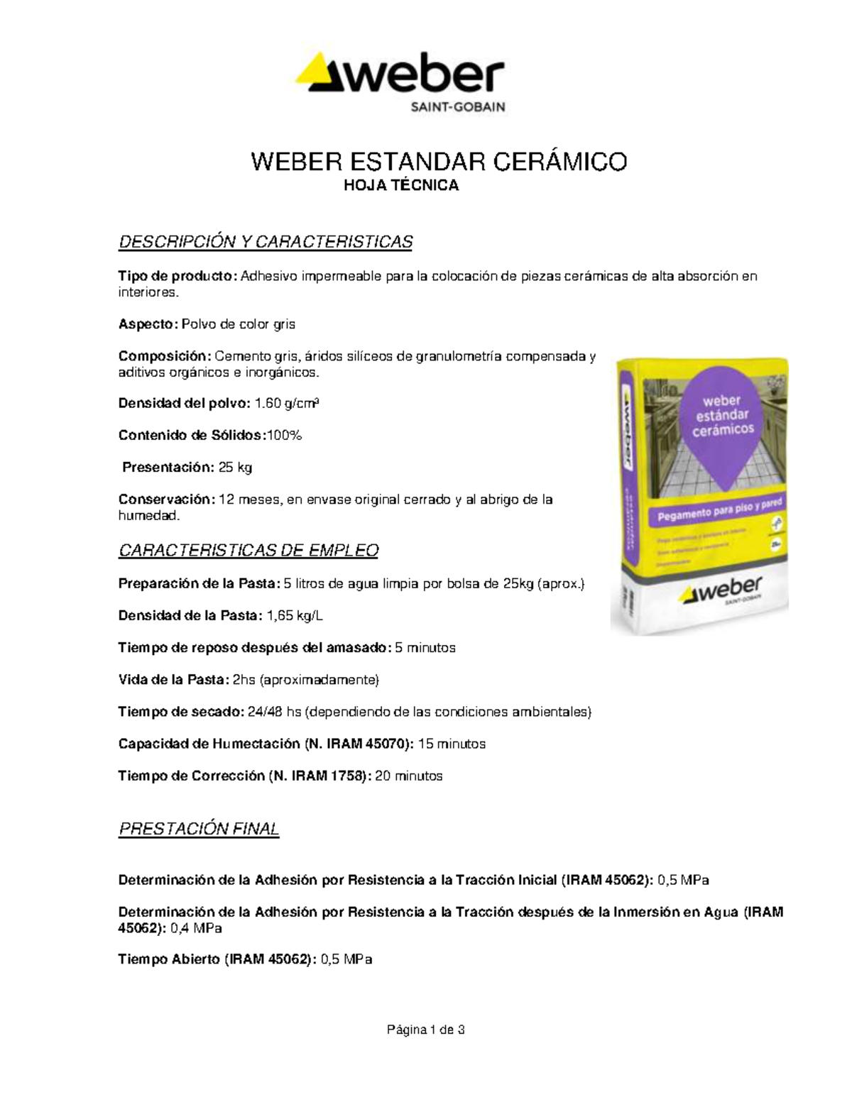01-HT weber estandar web - Página 1 de 3 WEBER ESTANDAR CERÁMICO HOJA ...