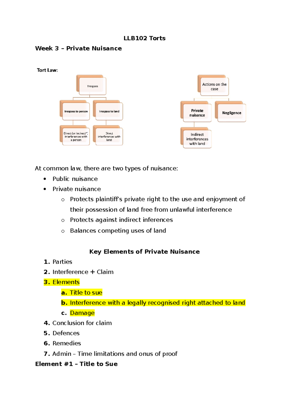 Ll102 Week 3 Lecutre Notes Llb102 Torts Week 3 Private Nuisance At Common Law There Are Two