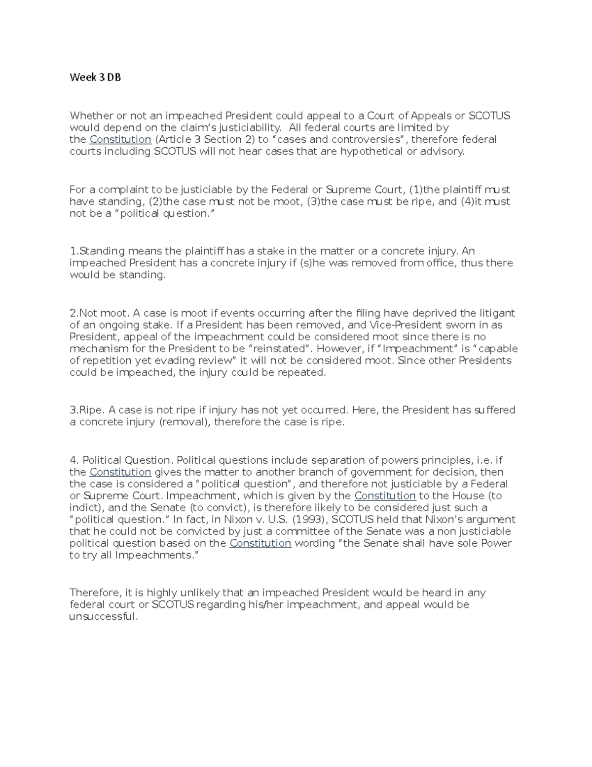 Week 3 DB - week DISCUSSION POST - Week 3 DB Whether or not an impeached President could appeal ...