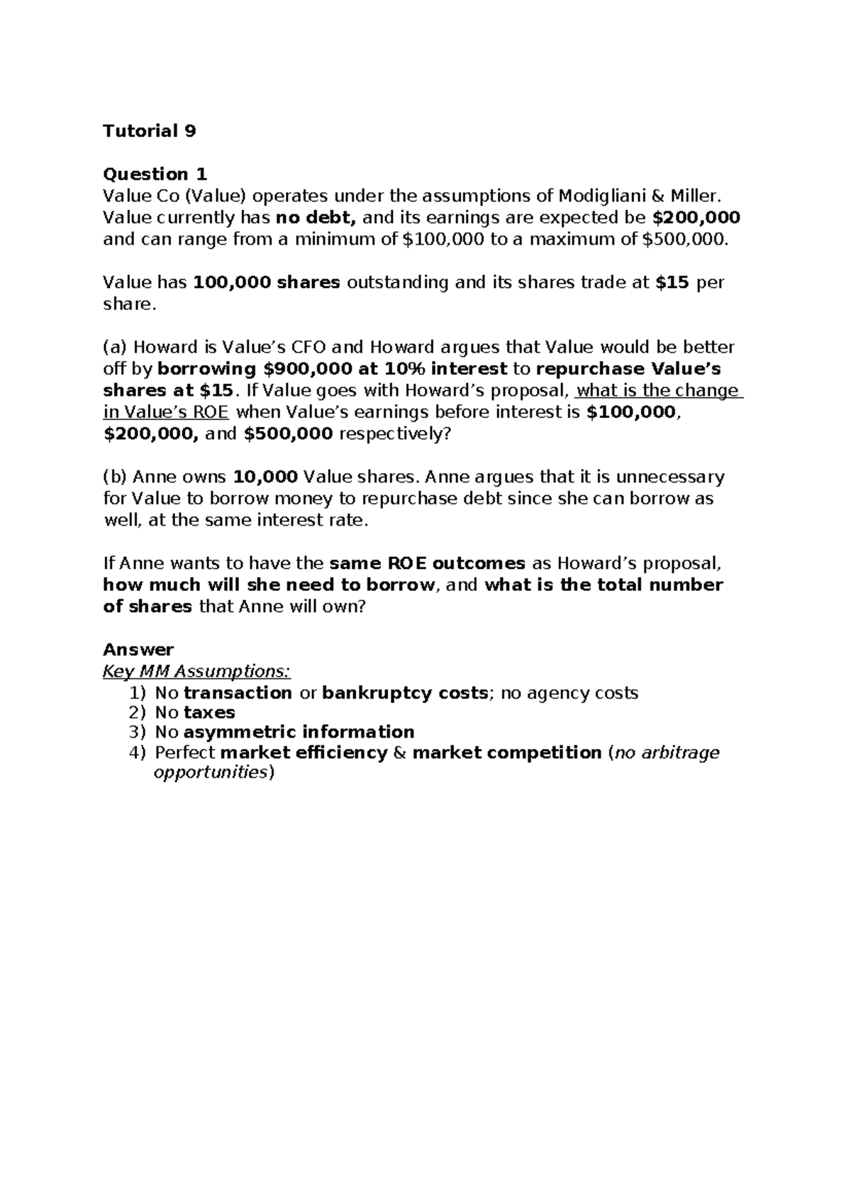 CFDM Tutorial 9 with Answers - Tutorial 9 Question 1 Value Co (Value ...
