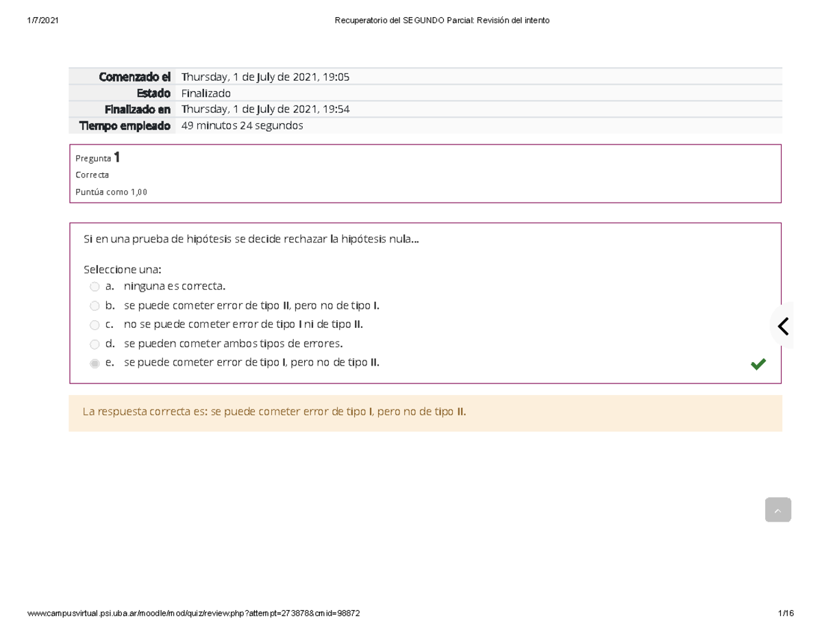 Recuperatorio del Segundo Parcial Revisión del intento - Comenzado el Thursday, 1 de July de ...