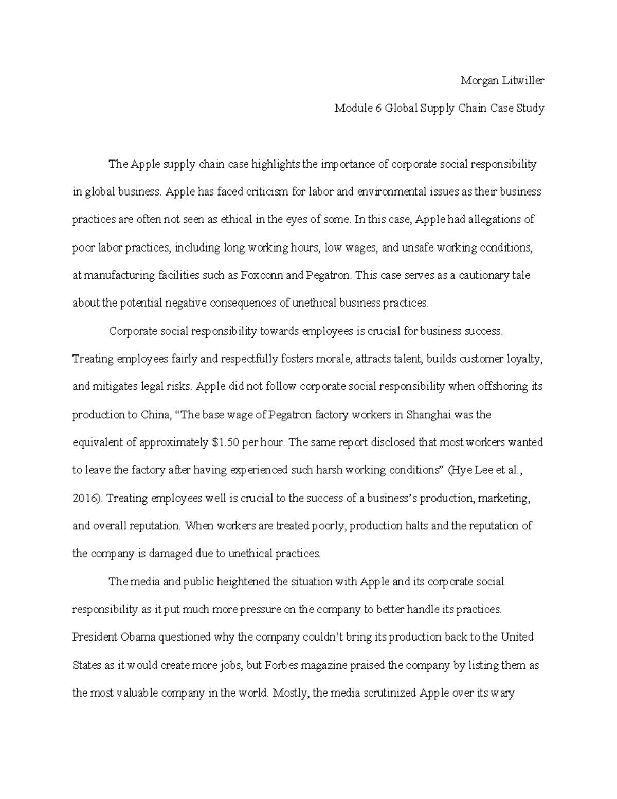 INT 220 Module 6 Case Study - Morgan Litwiller Module 6 Global Supply ...