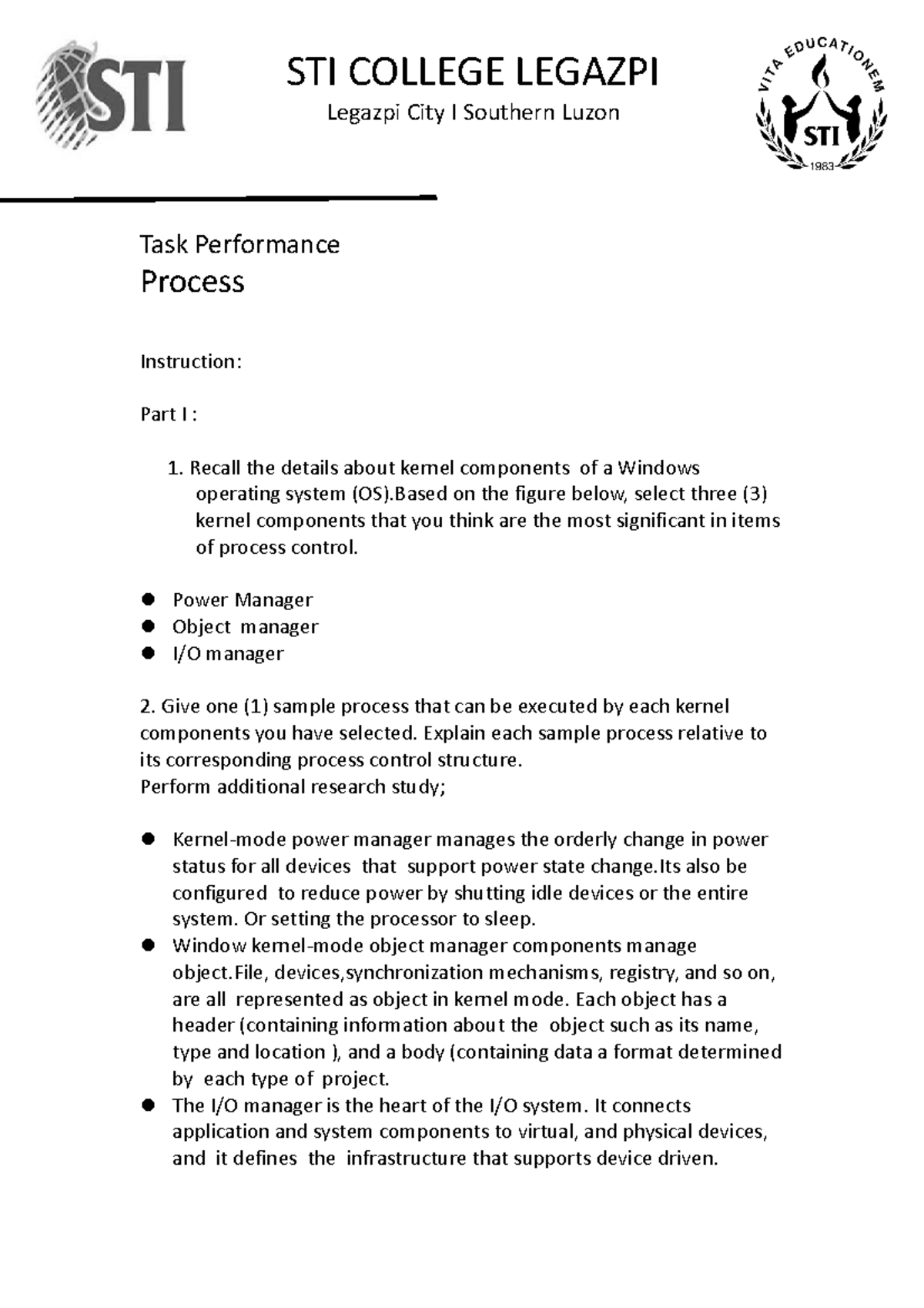 Performance Task Na Task Performance Process Instruction Part I