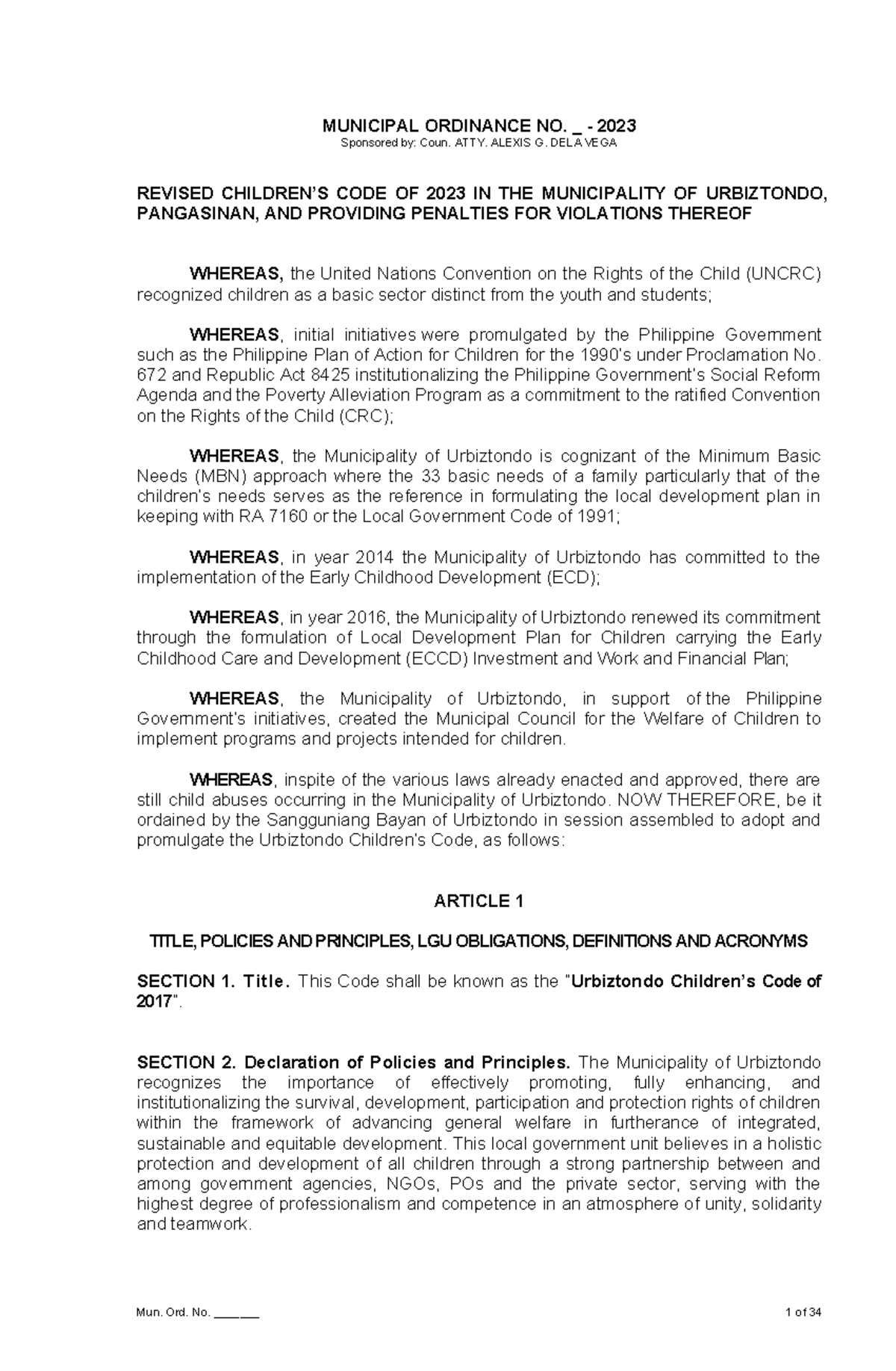 Childrens code 2023 - Draft of proposed ordinance. - MUNICIPAL ...