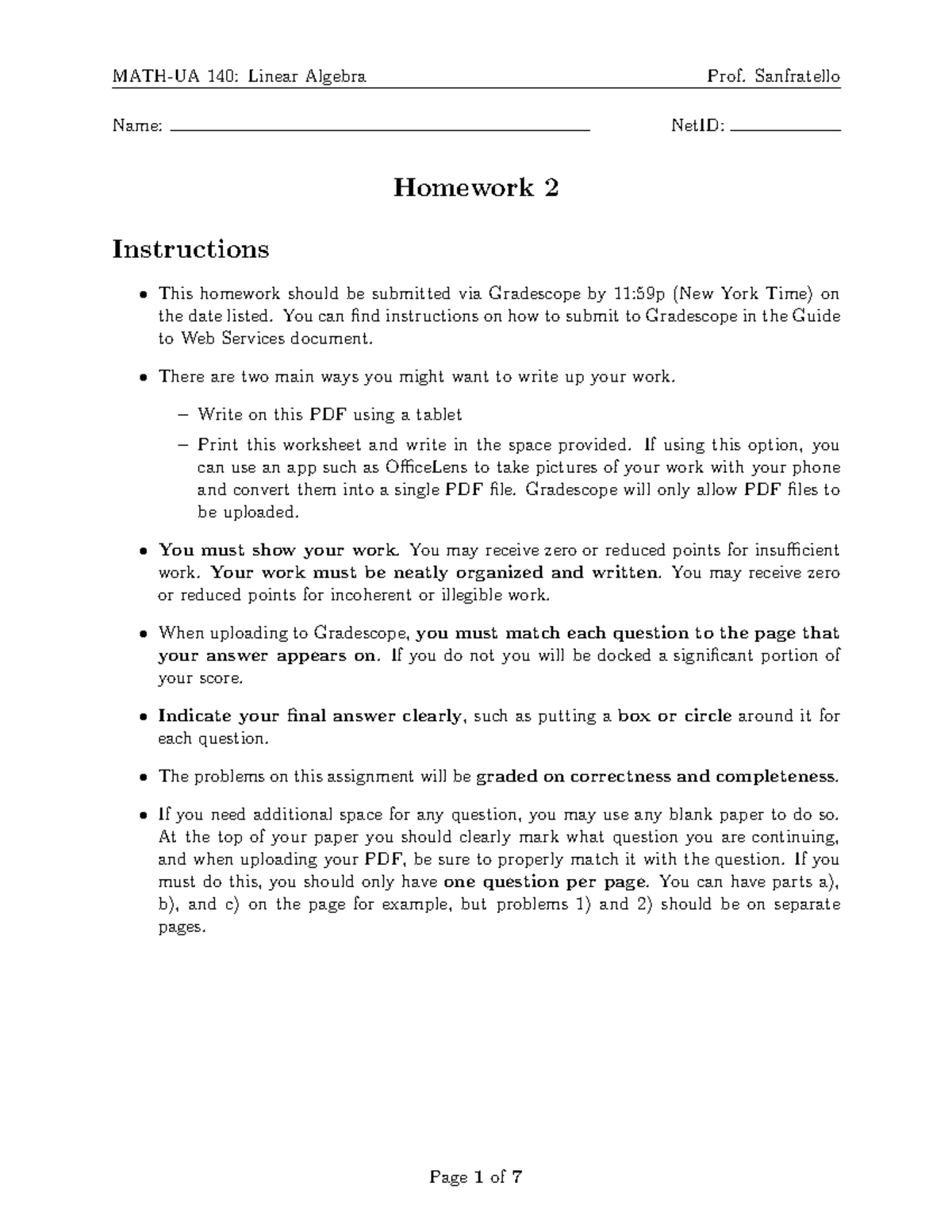 HW2 - TR - number 2 homework - MATH-UA 140: Linear Algebra Prof. Sanfratello Name: NetID ...