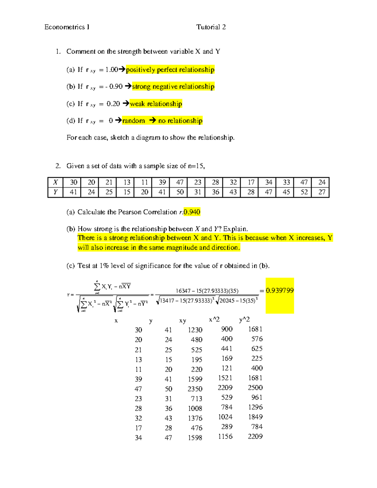 Solution Tutorial 2 Ec M 1 - Comment on the strength between variable X and Y (a) If r xy ...