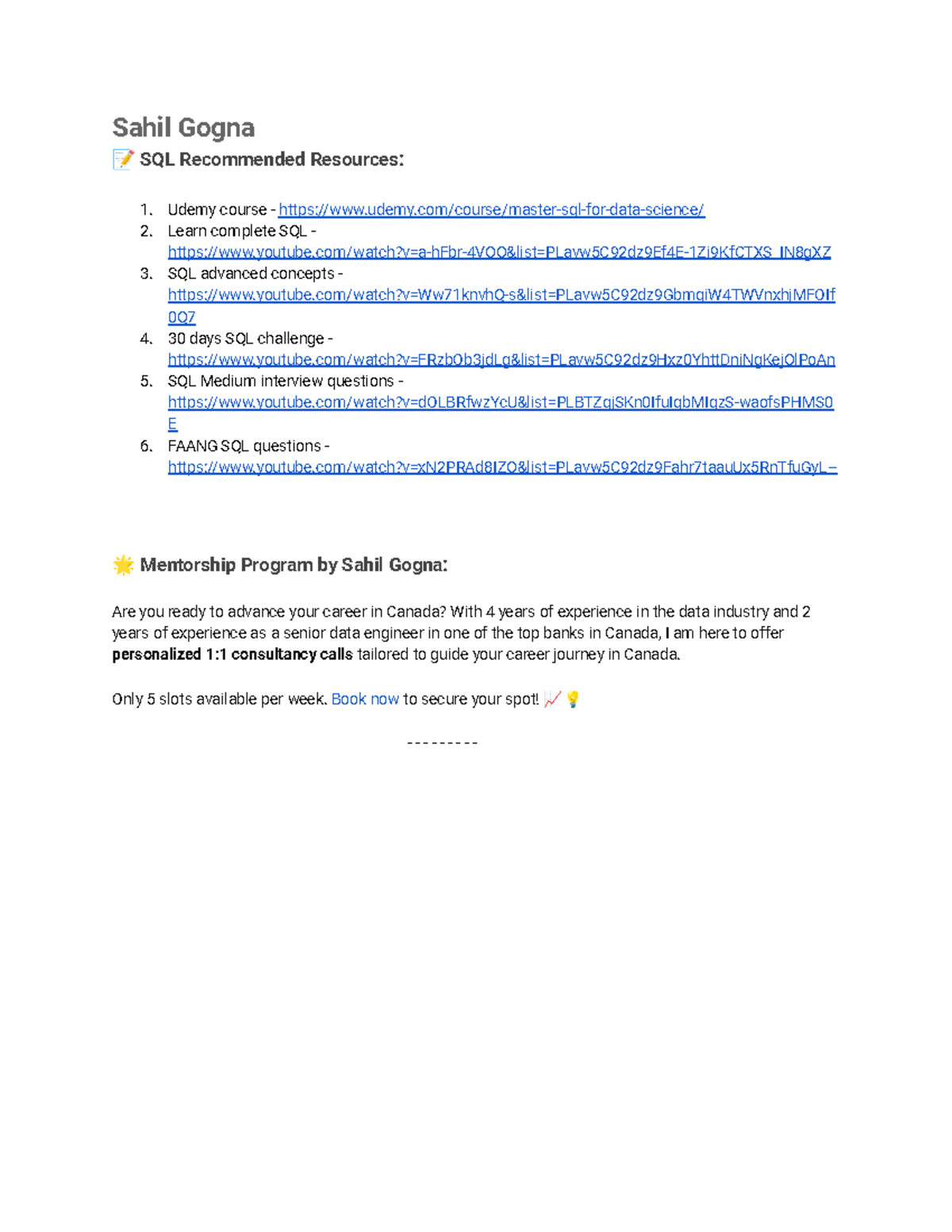 Sahil Gogna Sql Resourses Sahil Gogna 📝 Sql Recommended Resources 1