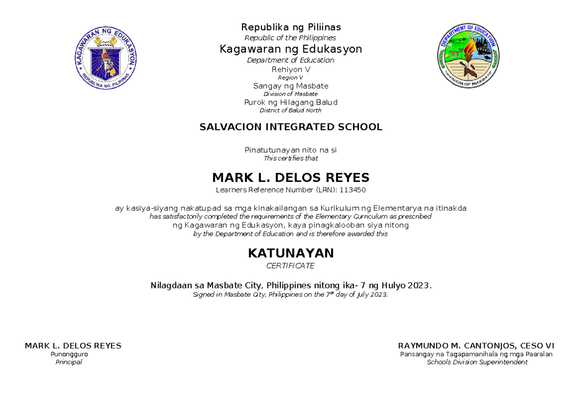 Grade 6 cerificate - Republic of the Philippines Kagawaran ng Edukasyon ...